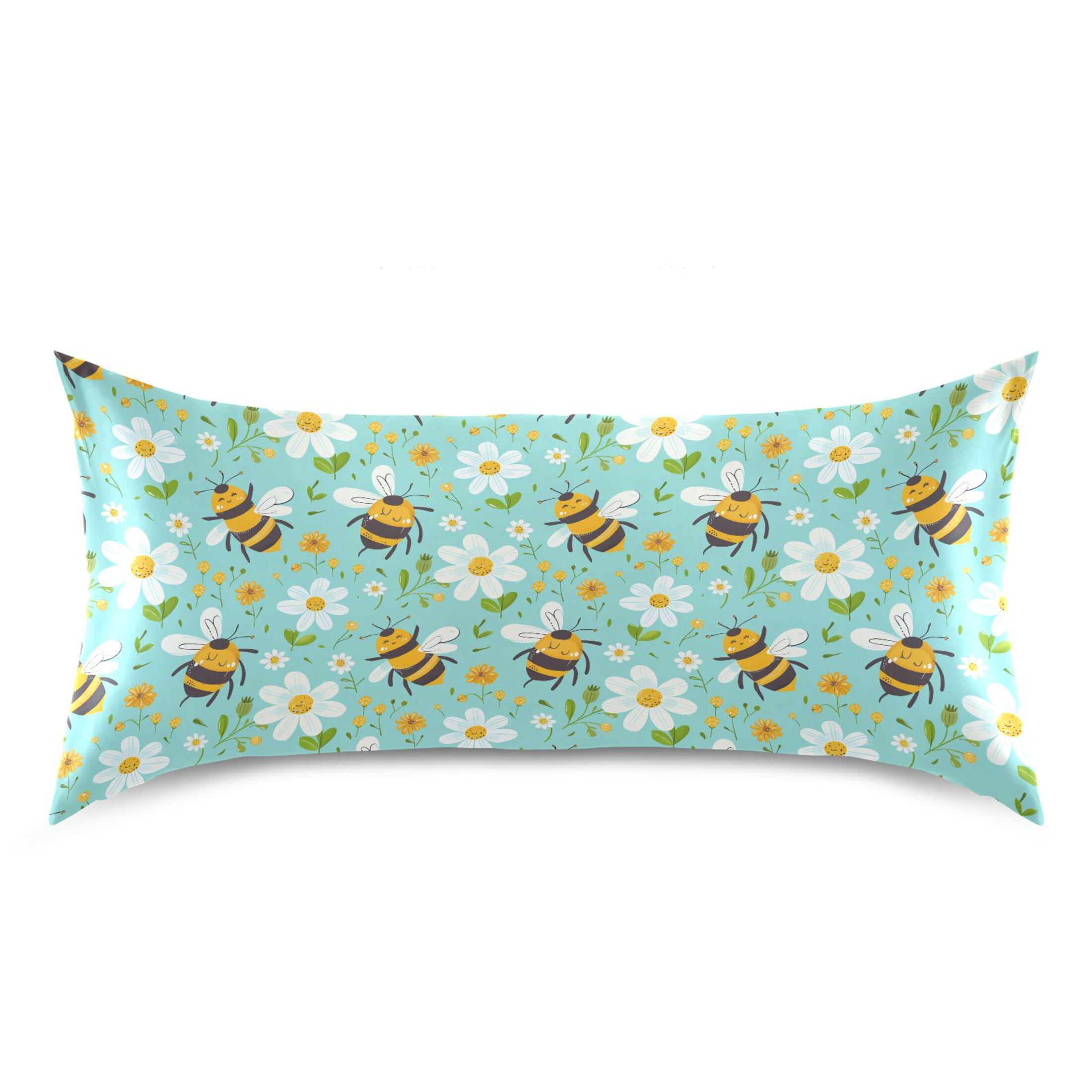 Bee and Flowers Pattern Pillow Case Queen Size Silky Satin Pillow Cover ...