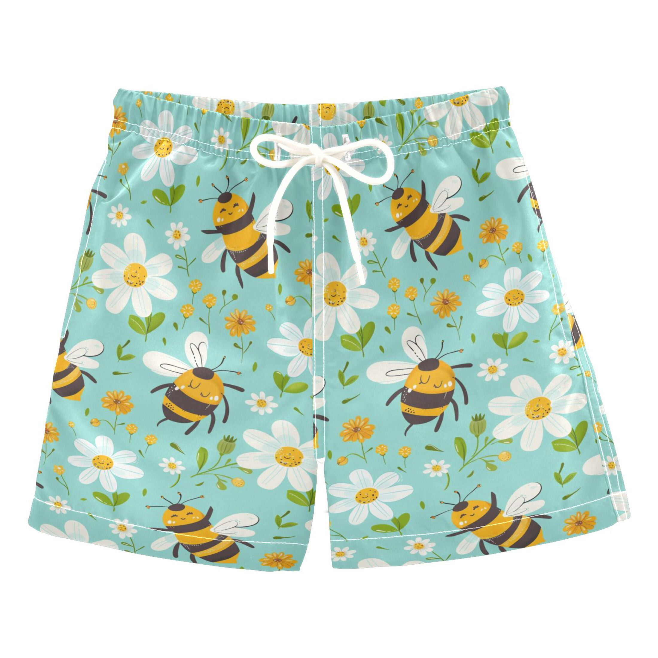 Bee and Flowers Pattern Swim Trunks Quick Dry Beach Pool Board Shorts ...