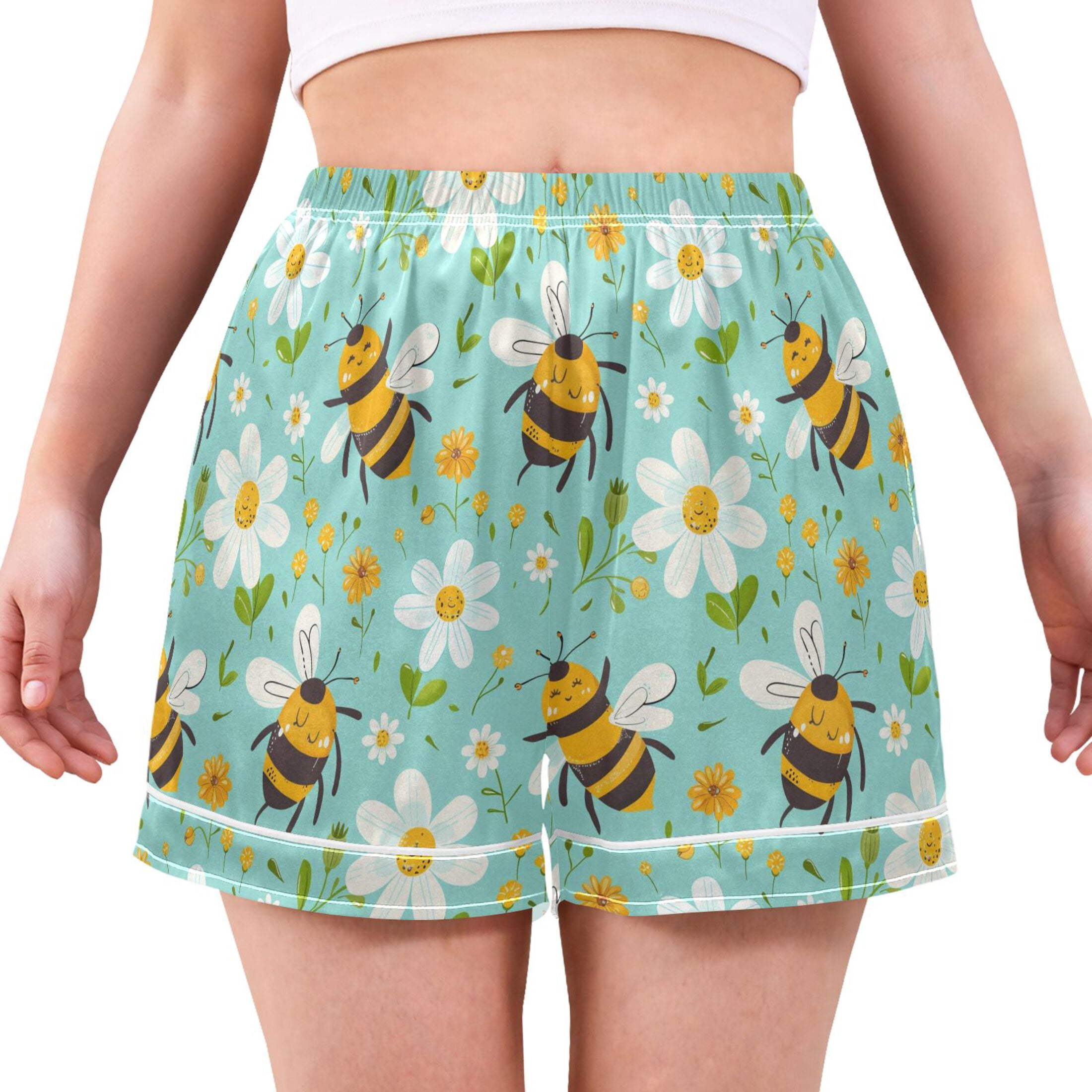 Bee and Flowers Pattern Women's Pajama Shorts Silky Satin Casual Lounge ...