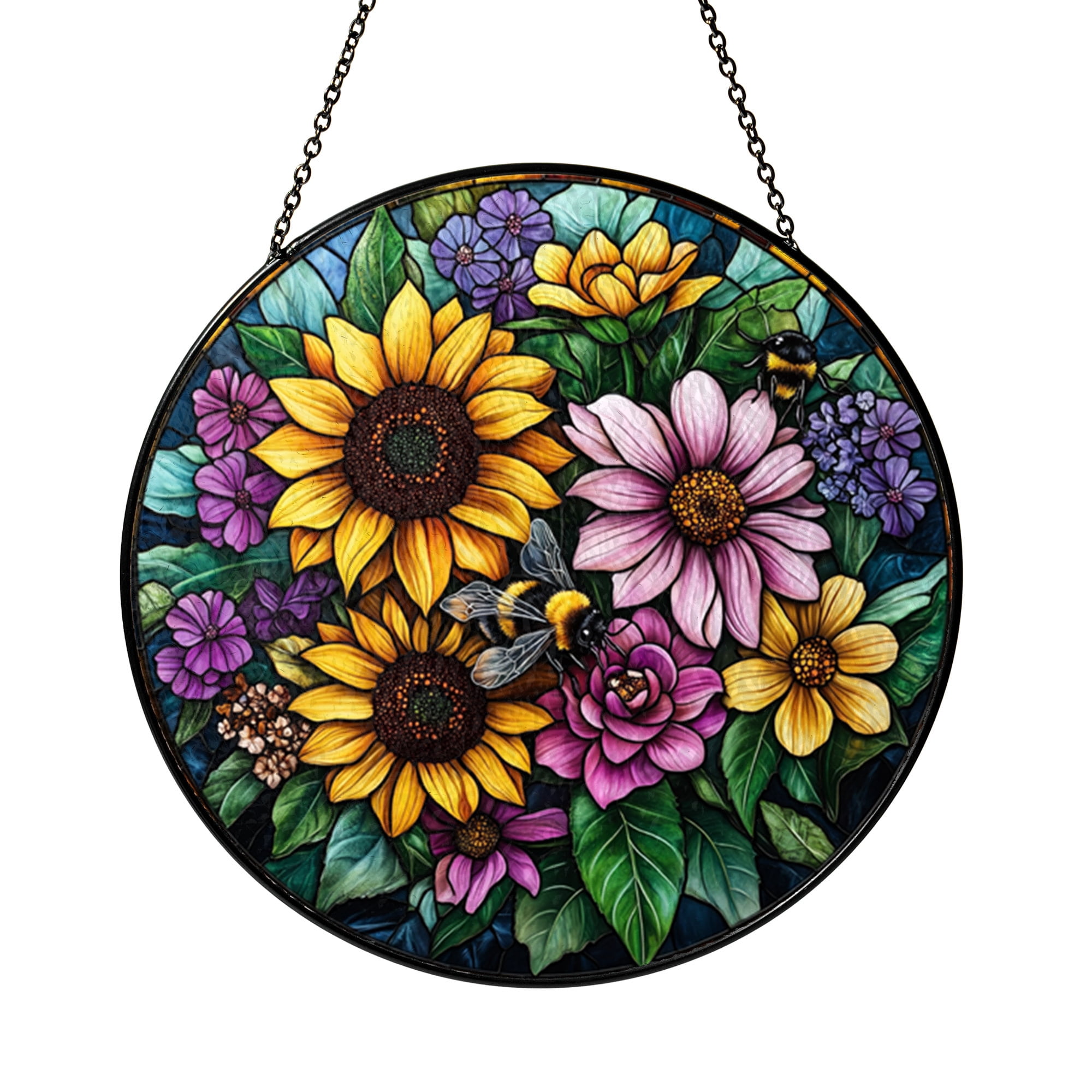 Bee and Flowers Stained Glass Round Suncatcher, Sunflower Window ...