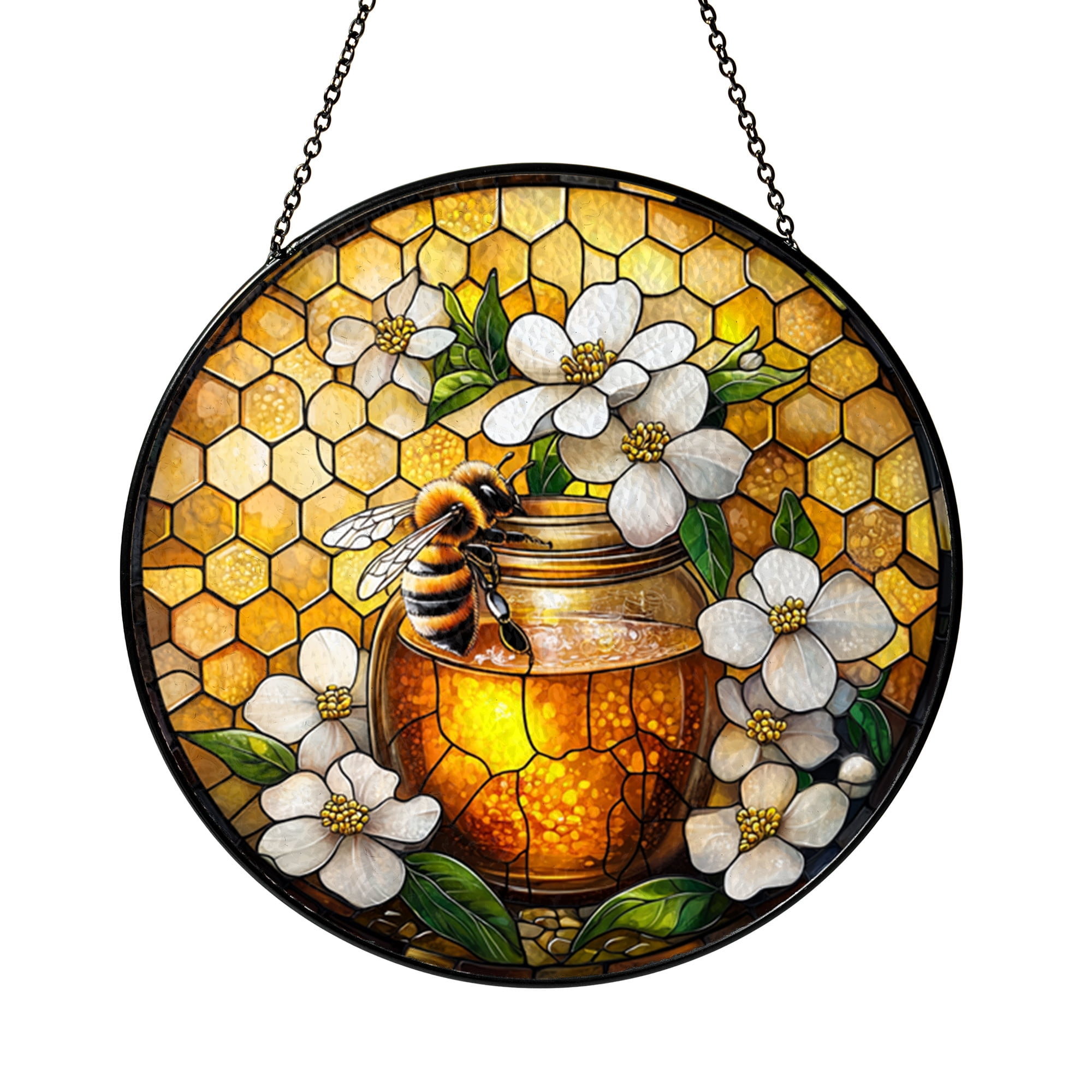Bee and Honey Jar Stained Glass Round Suncatcher – Floral Honeycomb ...
