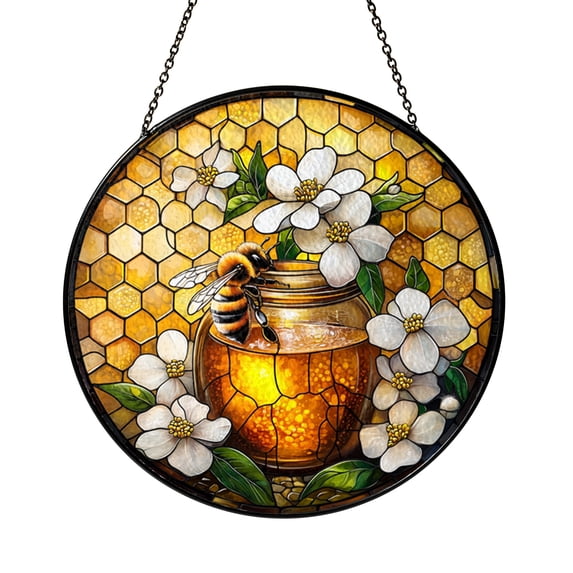 Bee and Honey Jar Stained Glass Round Suncatcher – Floral Honeycomb ...