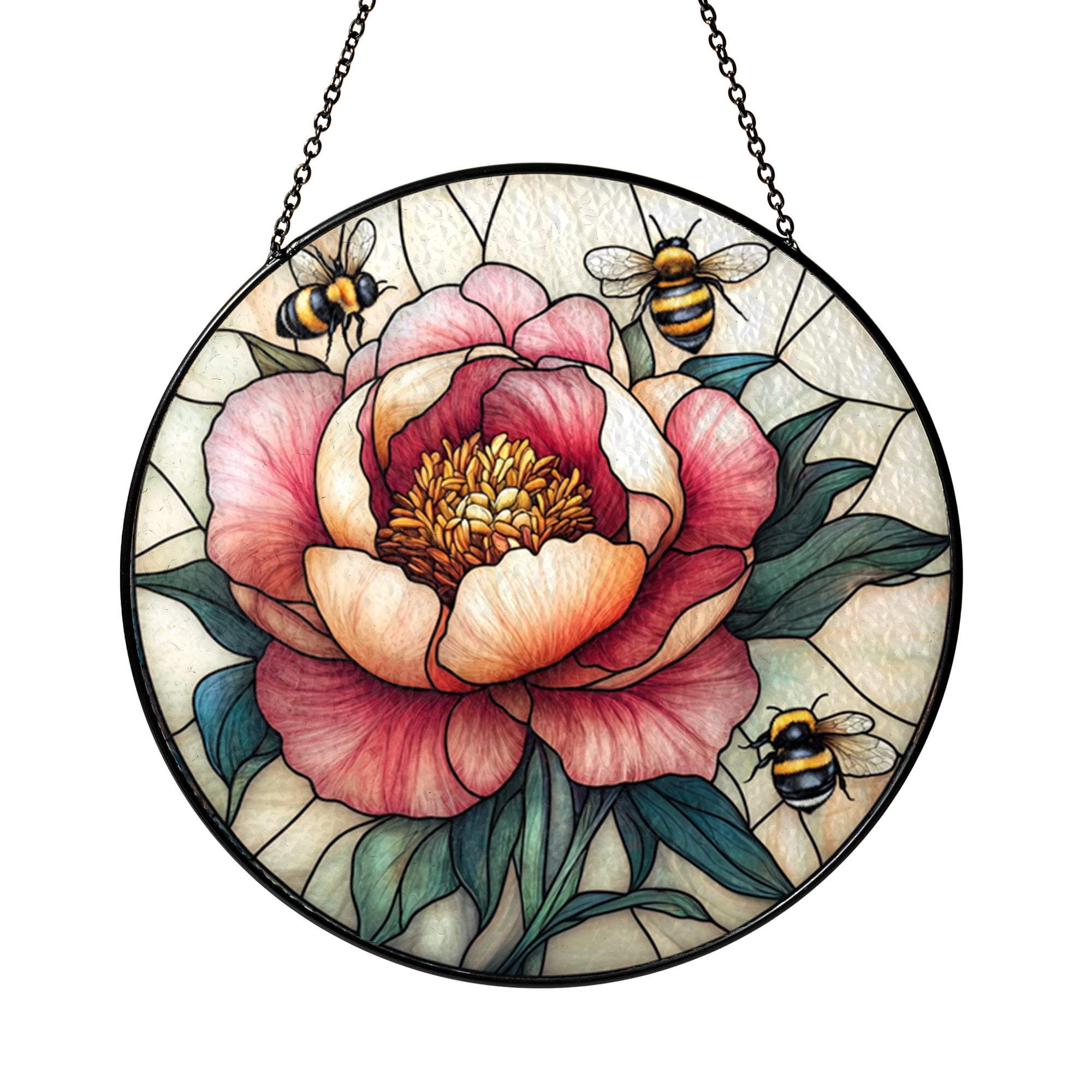 Bee and Peony Stained Glass Style Suncatcher, Pink Floral Decorative ...