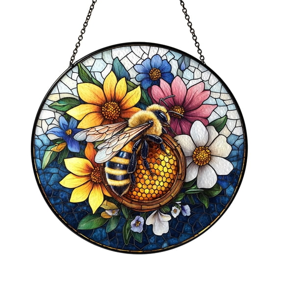 Bee and Spring Flowers Stained Glass Suncatcher – Round Window Hanging ...