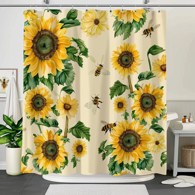 Bee And Sunflower Print Shower Curtain Set Yellow Green White Beige