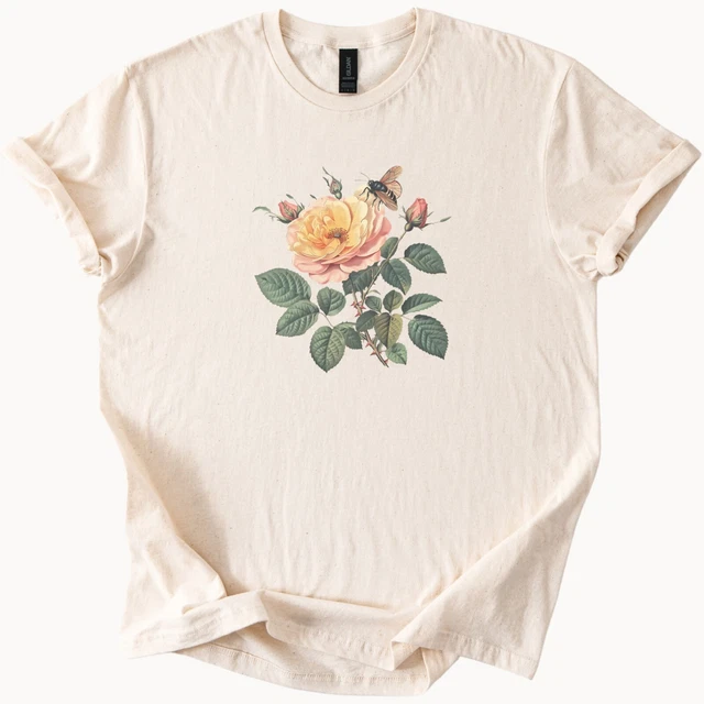 Bee and Yellow Rose Floral Graphic Nature Garden T Shirt Botanical ...