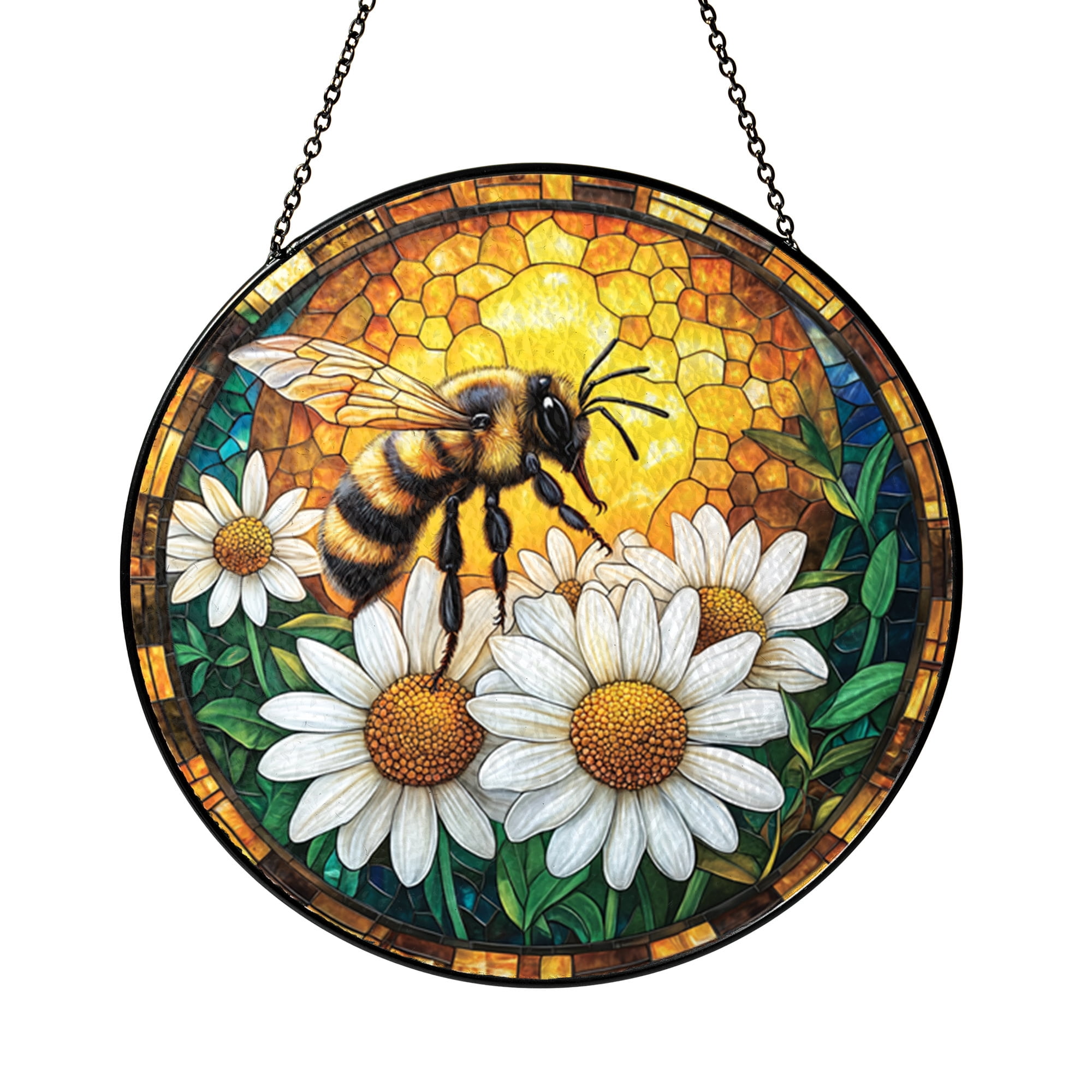 Bee on Daisy Flowers Stained Glass Style Suncatcher Window Hanging ...