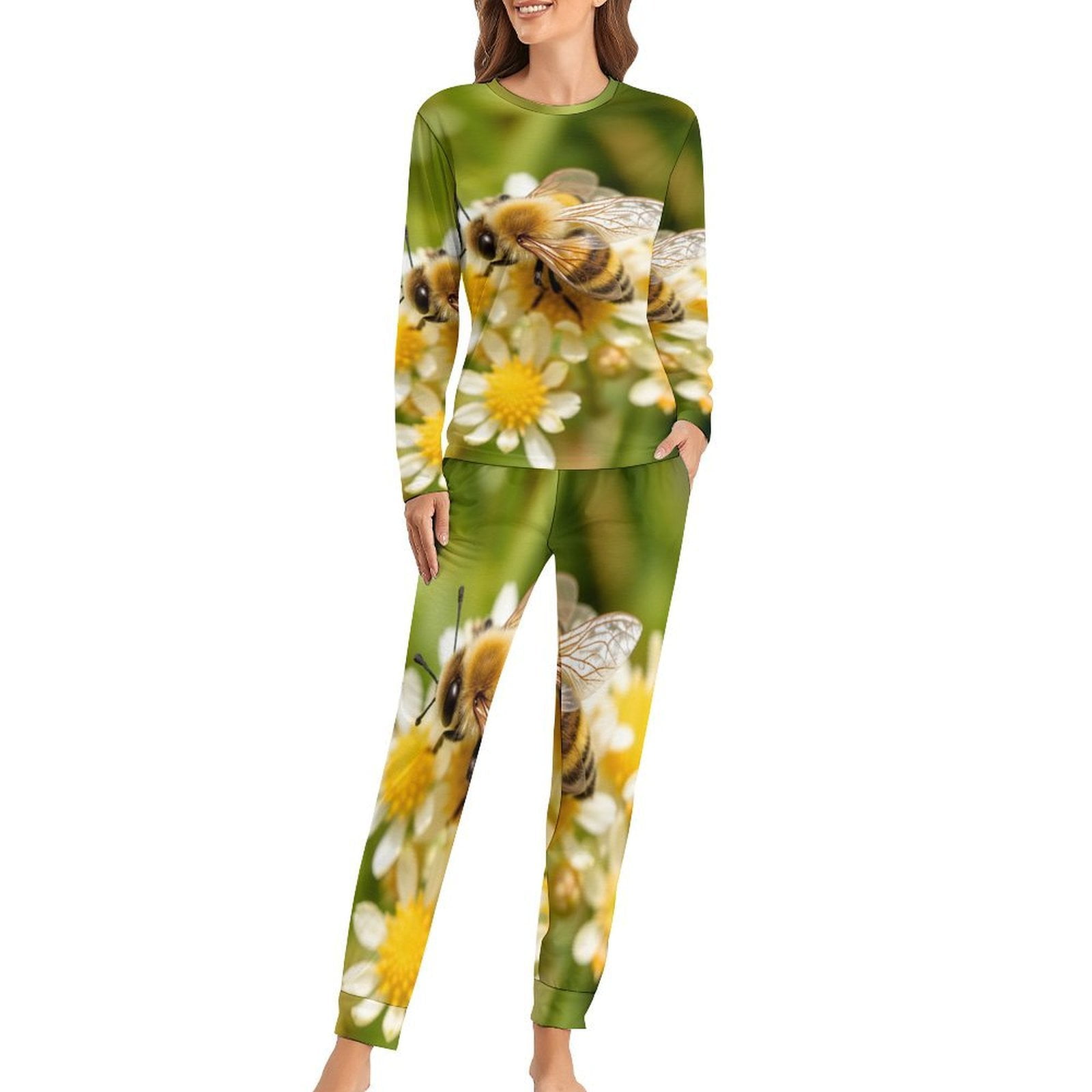 Bee on Flower Pajamas Woman Long Sleeves Cute Pajama Sets Two Piece ...