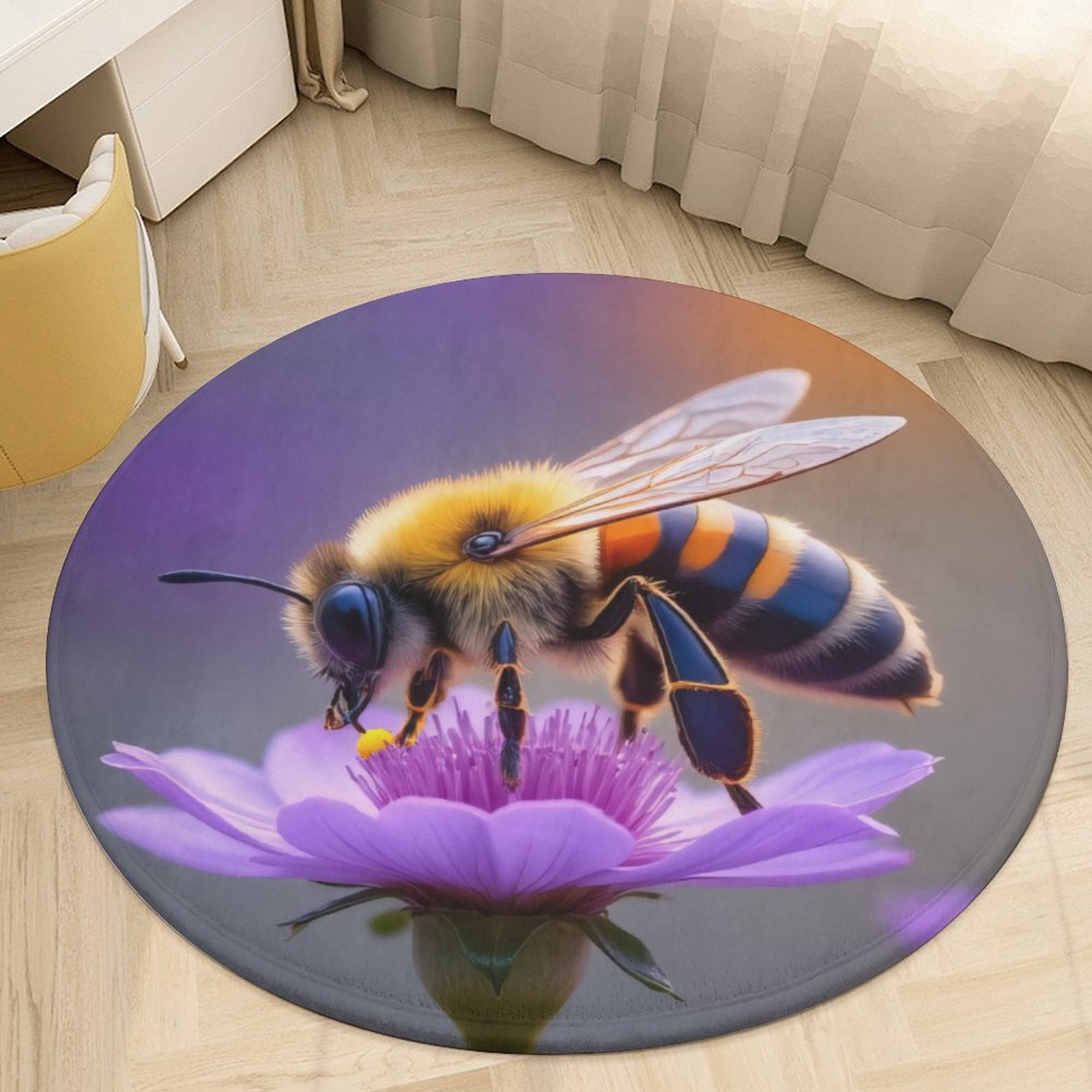 Bee on Purple Flower Round Area Rugs for Bedroom Living Room, 6FT Soft ...