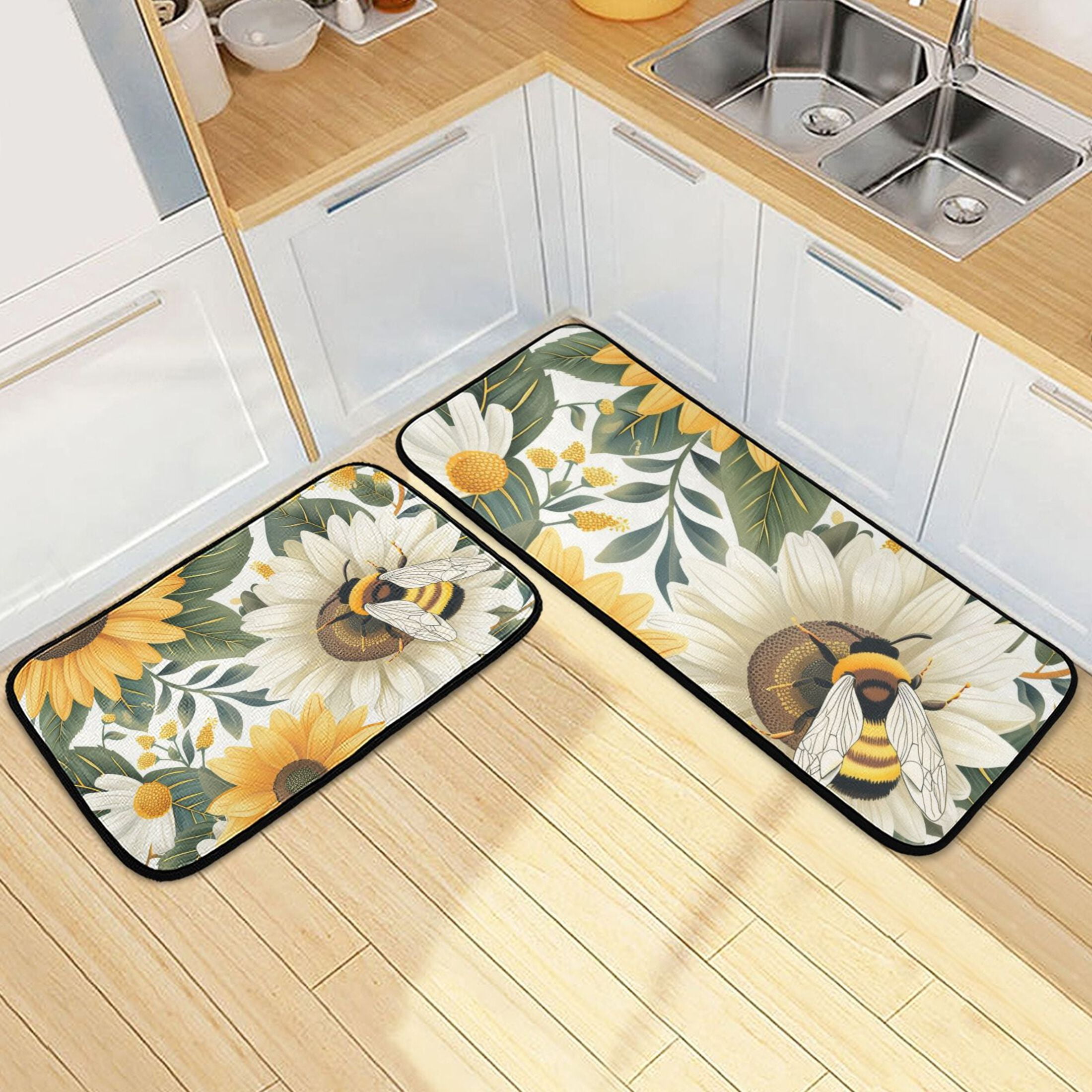 Bee on Sunflowers Kitchen Rugs Set of 2 Non Slip Floor Foam Mat ...