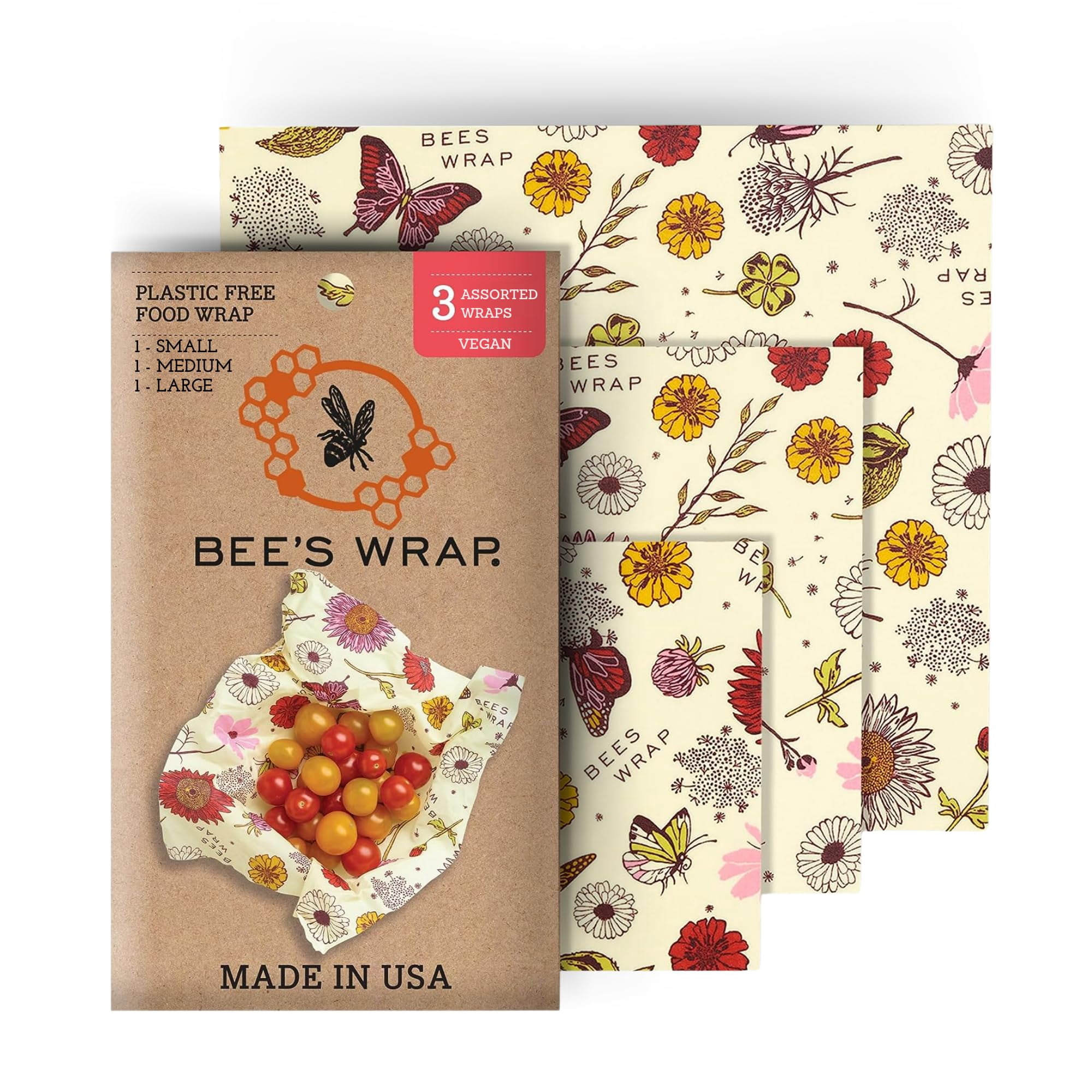 Bee's Wrap Beeswax AIF9 Wraps for Food - Meadow Magic 3 Pack (S, M, L ...