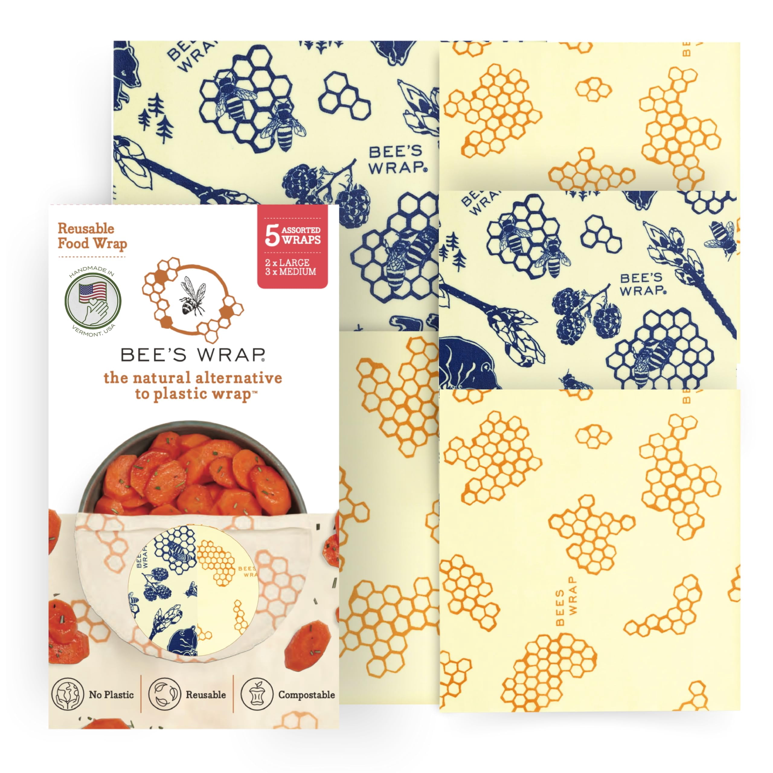 Bee's Wrap Beeswax Wraps AIF9 for Food - Honeycomb & Assorted 5 Pack ...