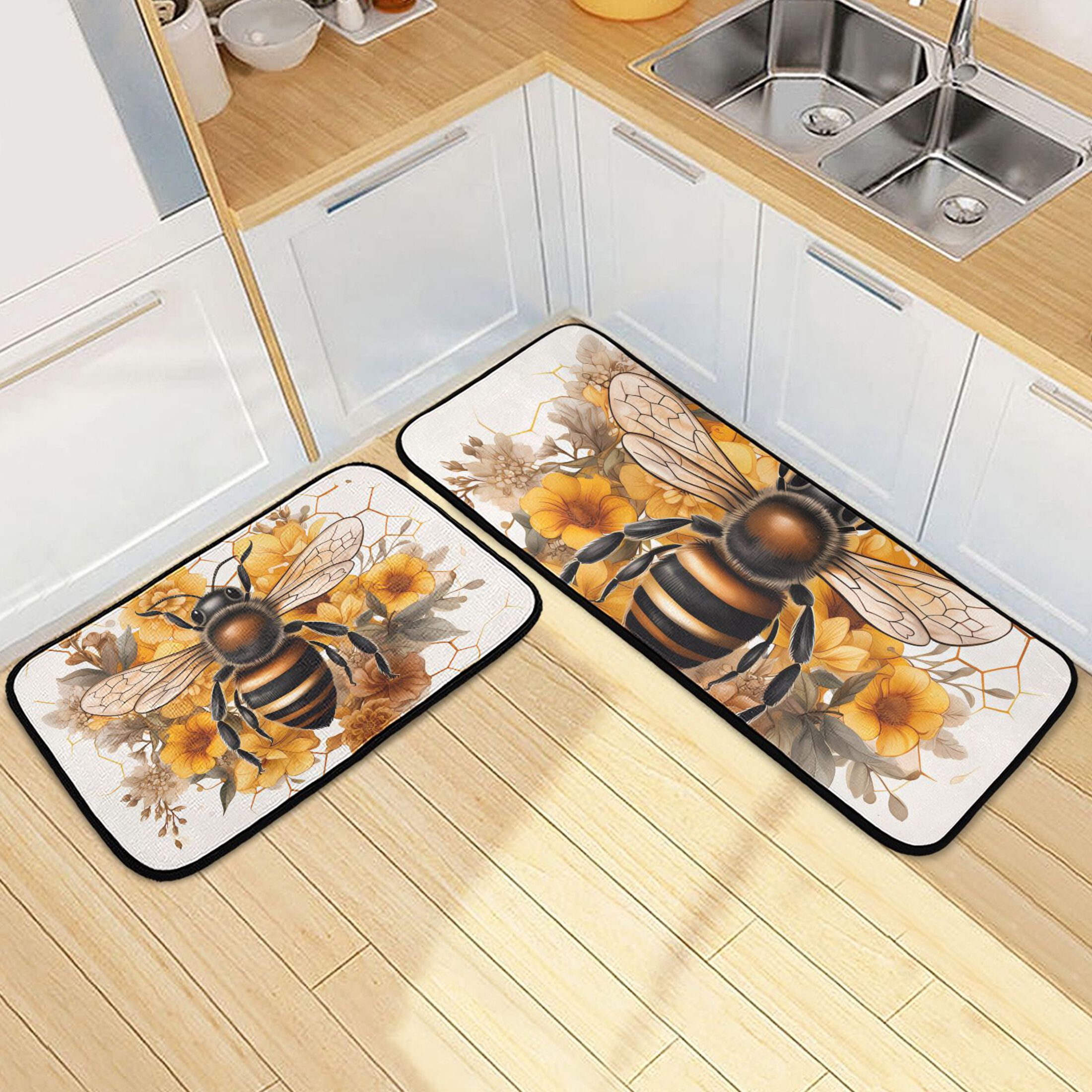 Bee with Honey Kitchen Rugs Set of 2 Non Slip Floor Foam Mat Cushioned ...
