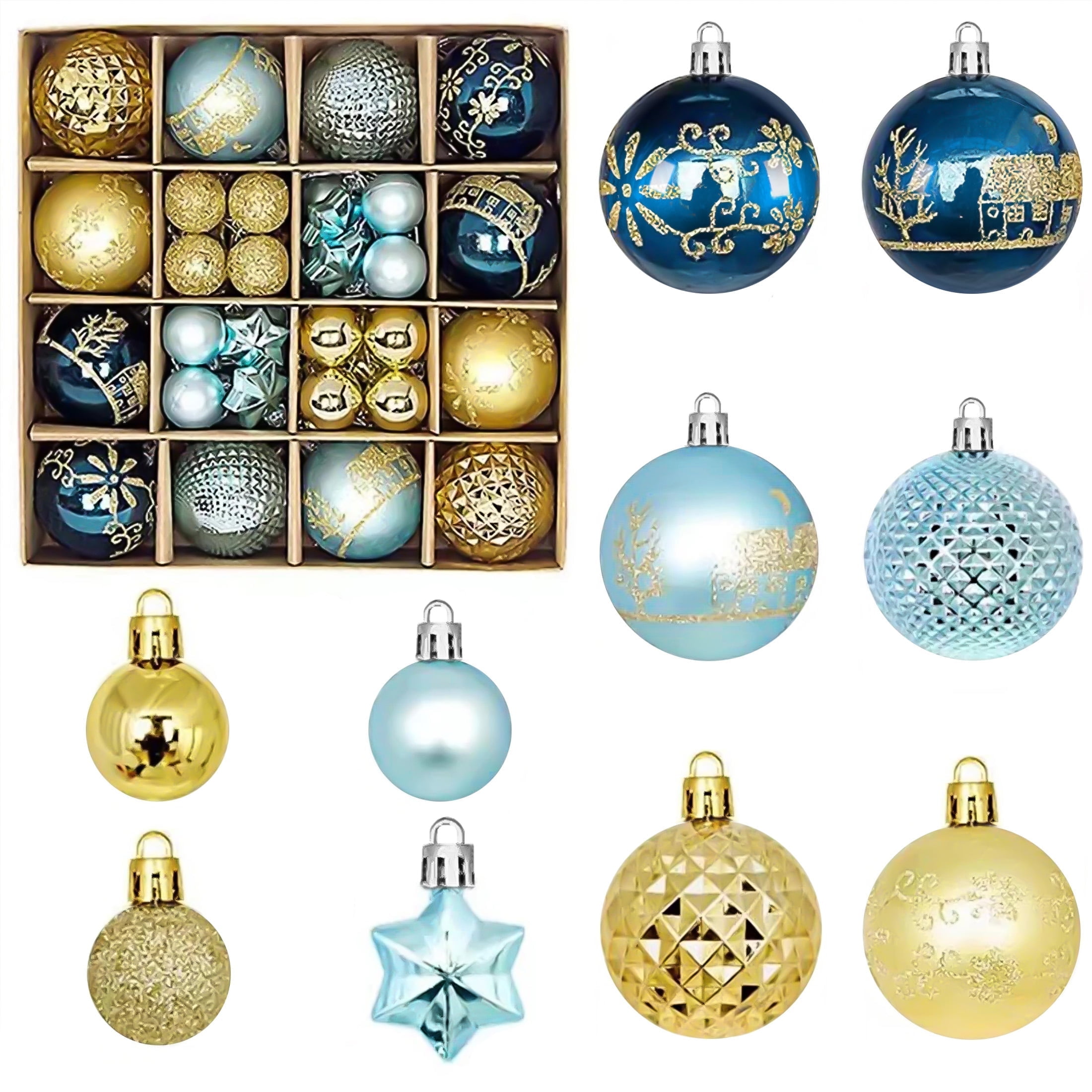 BeePrincess 44 Piece Christmas Ornament Set, Christmas Ball, Blue and ...
