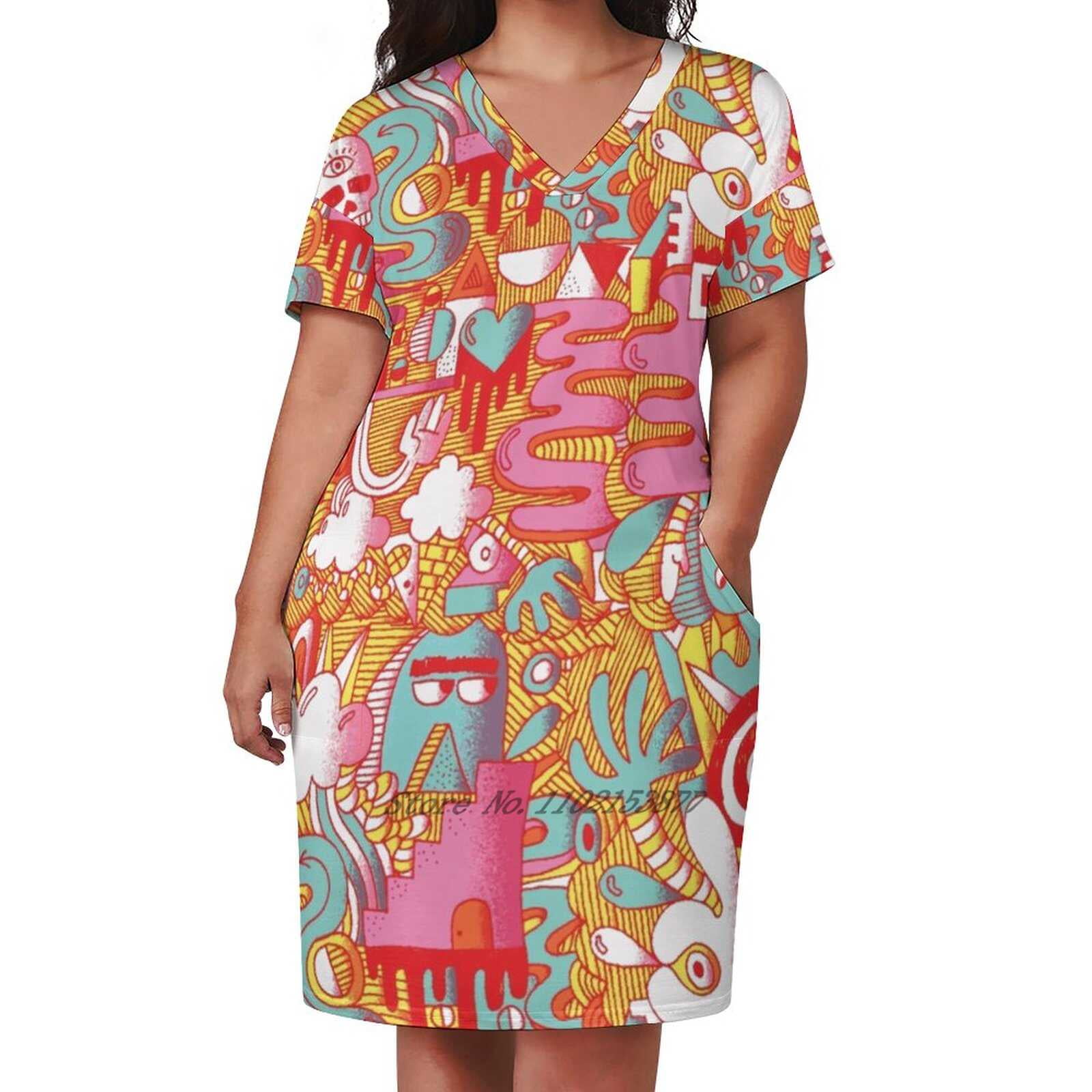 Beeblee - Doop Loose Pocket Dress Fashion Print Dress Short Sleeve V ...