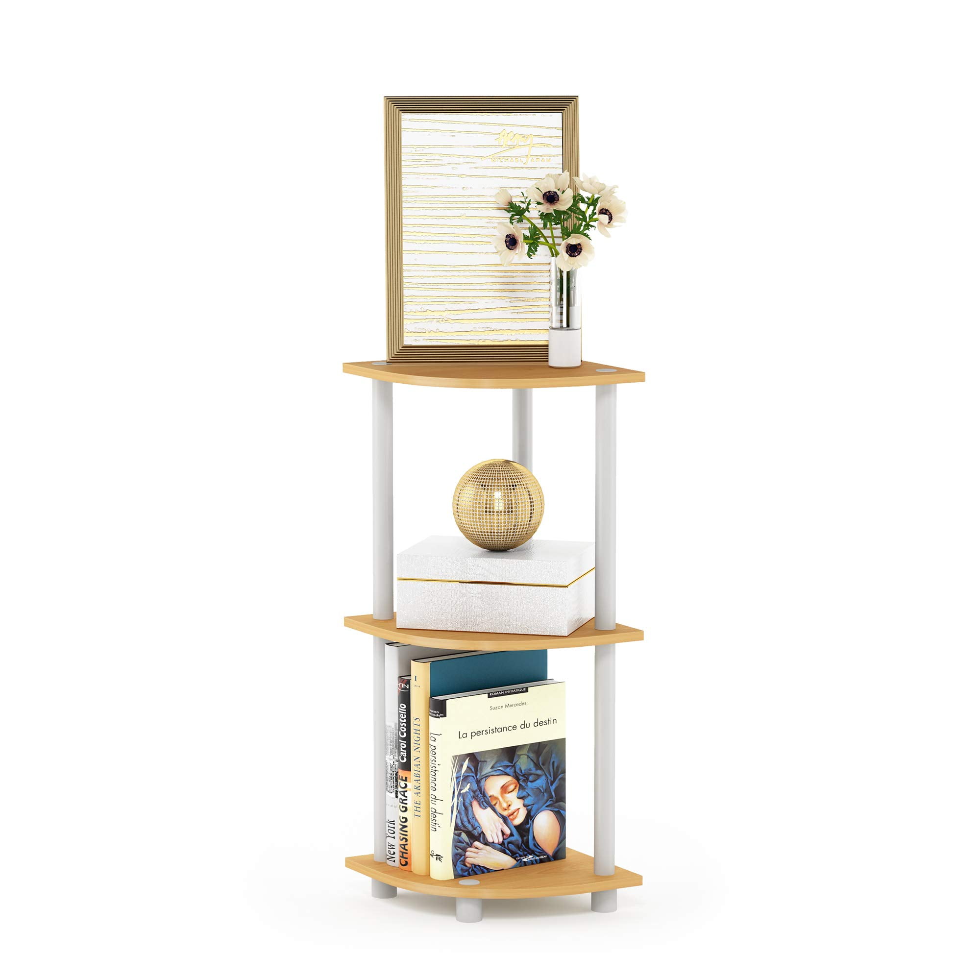 Beech/White 4-Tier Corner Shelf, Open Display Storage Unit For Living ...