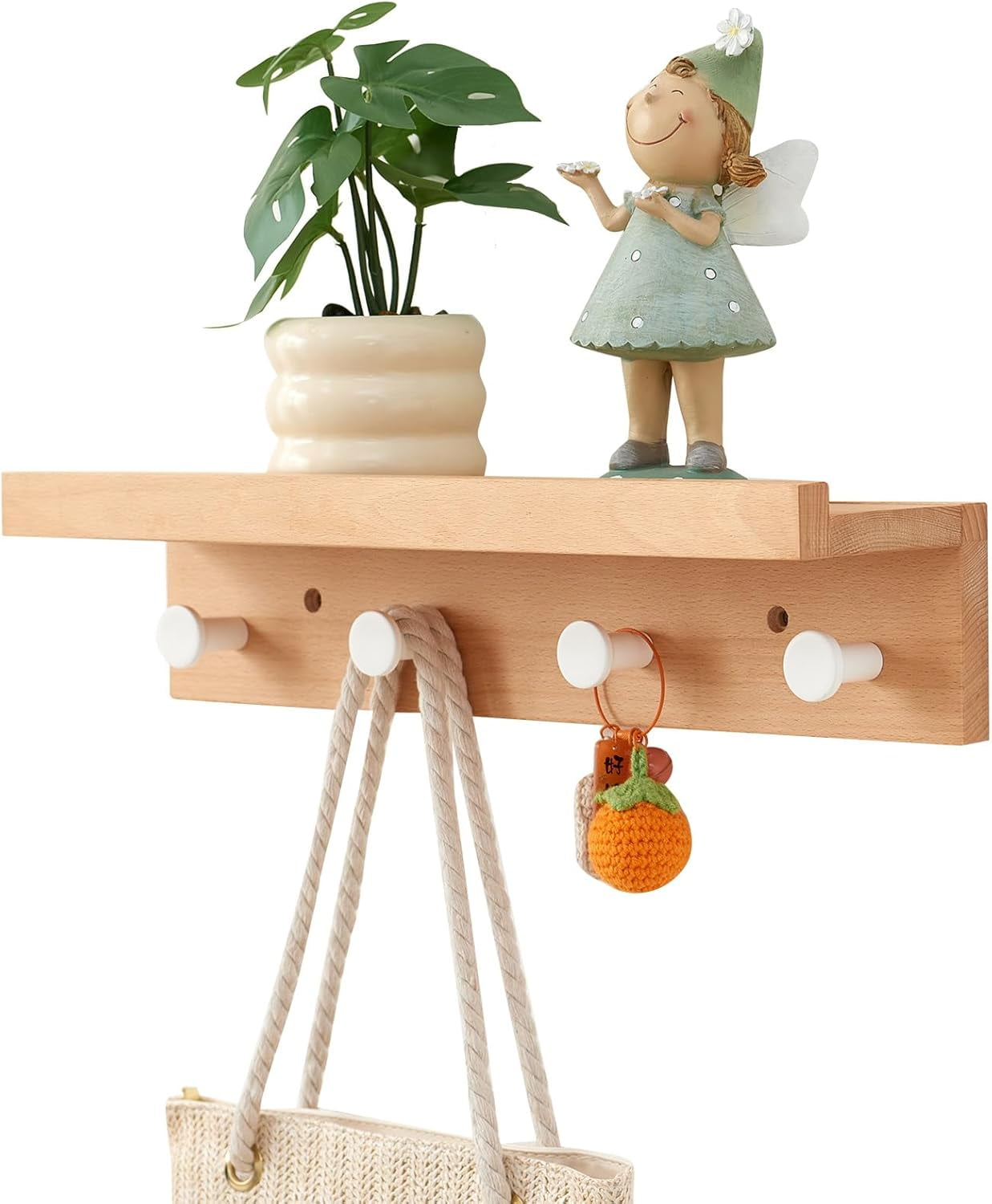 Beech Wood Coat Rack Shelf Wall Mounted, Wooden Wall Hooks with Shelf ...