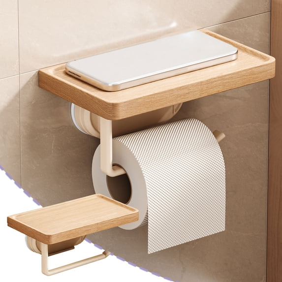Beech Wood Toilet Paper Holder With Shelf Wall Mounted Tissue Rack, No ...