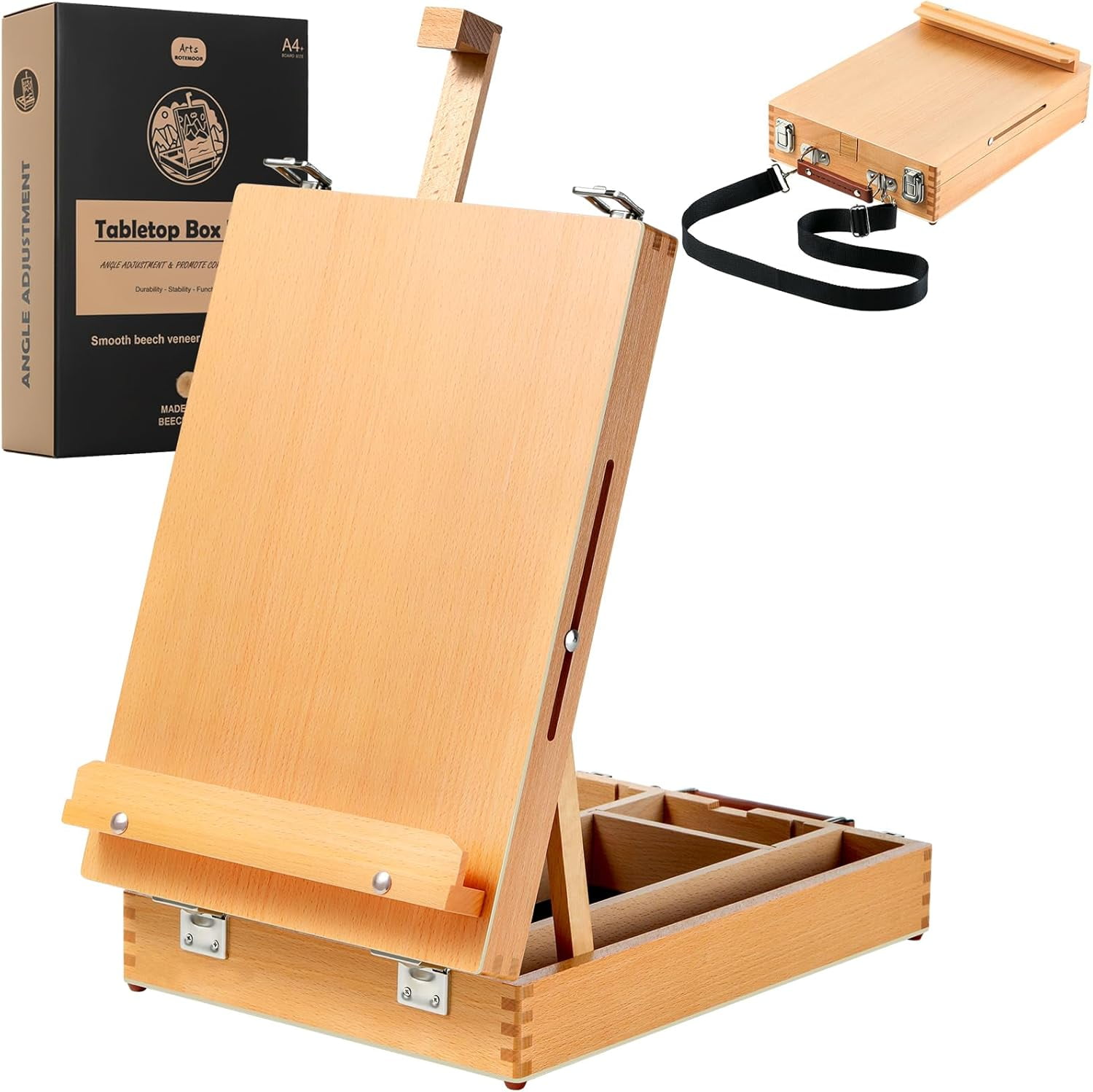 Beechwood Tabletop Easel for Painting, Portable Adjustable Sketchbox ...