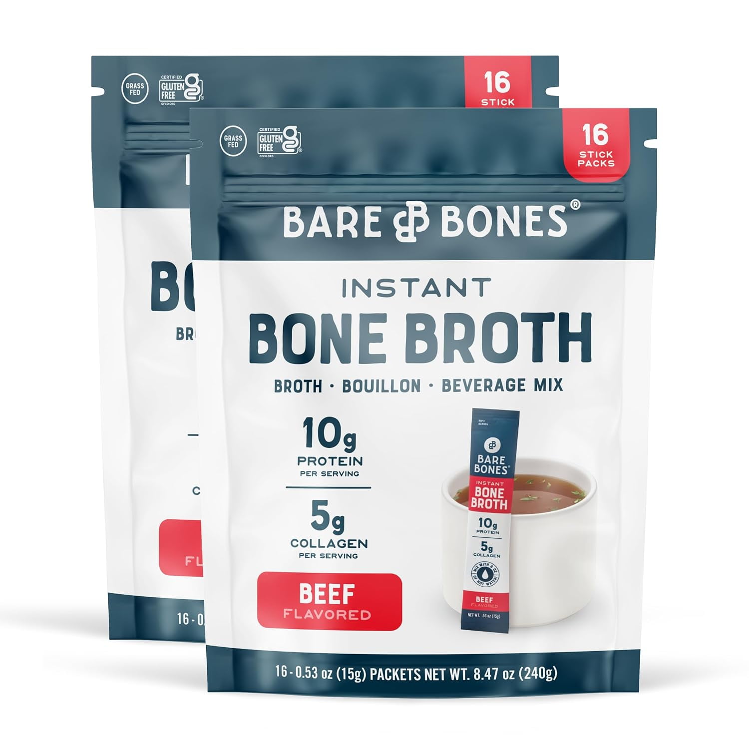 Beef Bone Broth Instant Powdered Mix | Rich Savory Packets on-the-Go No ...