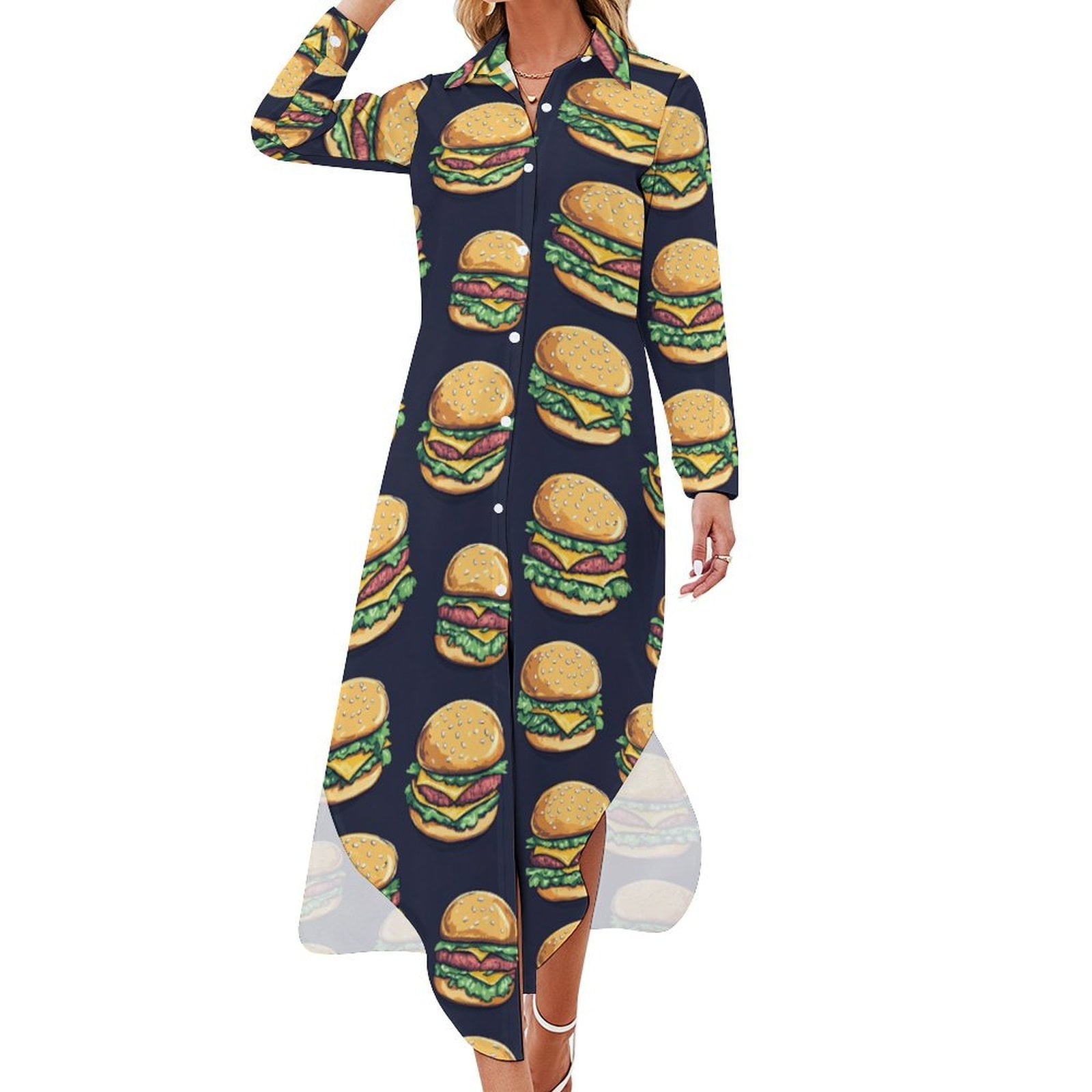 Beef Cheeseburger Hamburger Women's Maxi T Shirt Dress Long Sleeve ...