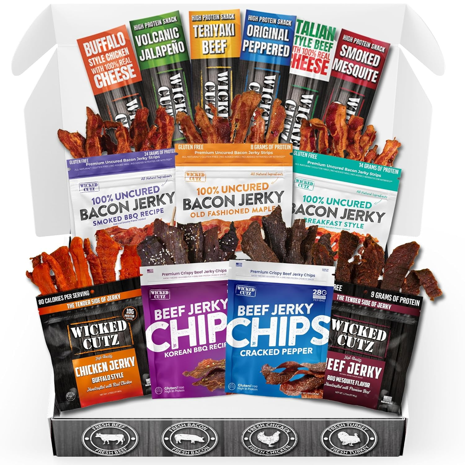 Beef Jerky Gift Box Snack Sampler, 13 Jerky Snacks, Tender, Flavorful, Easy to Chew Premium ...