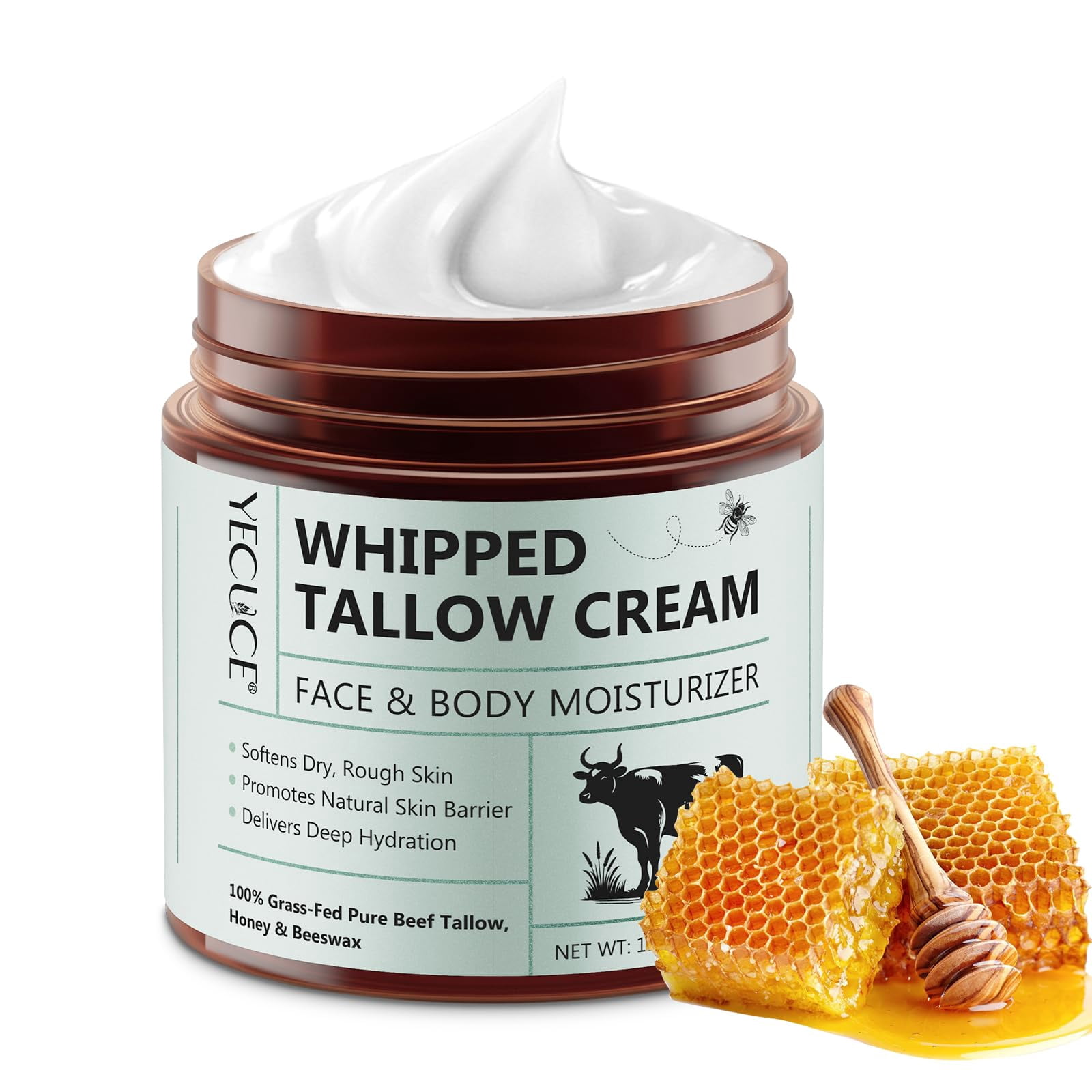 Beef Tallow for Skin Moisturizer - 4.2oz, Natural Tallow and Honey Balm ...