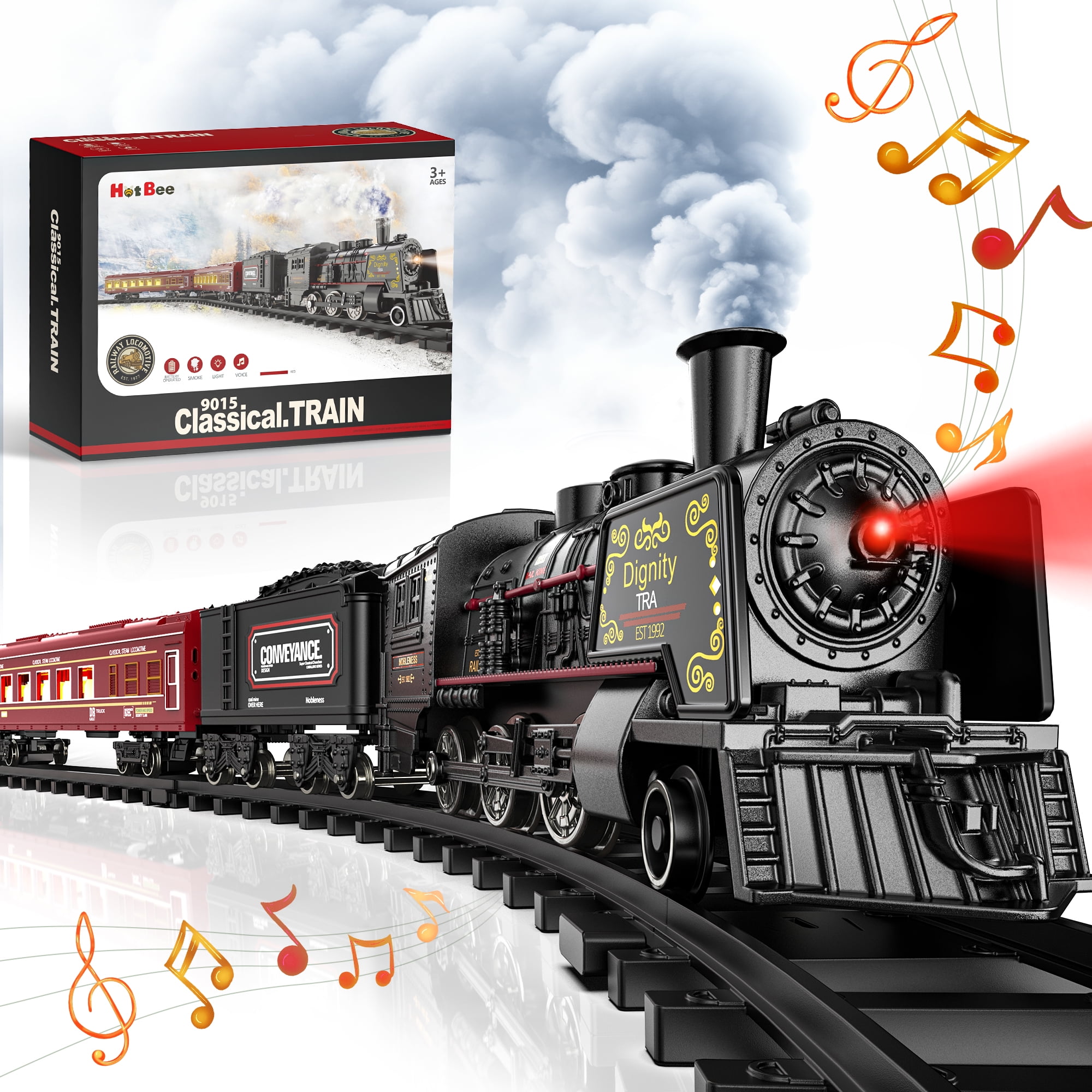 Beefunni Alloy Electric Christmas Train Set with Smoke, Sounds & Lights ...