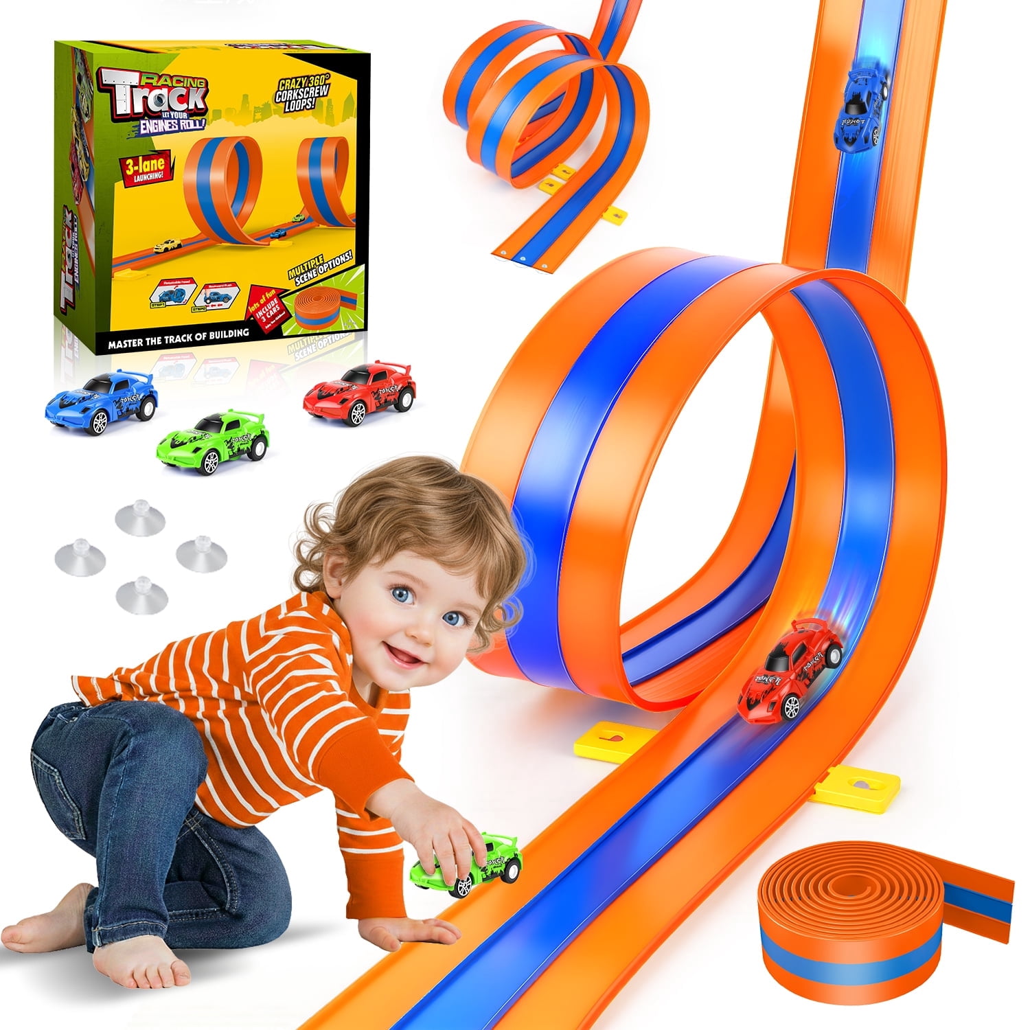 Beefunni 15Ft Flexible Race Track for Kids, Bendable Track with Suction ...