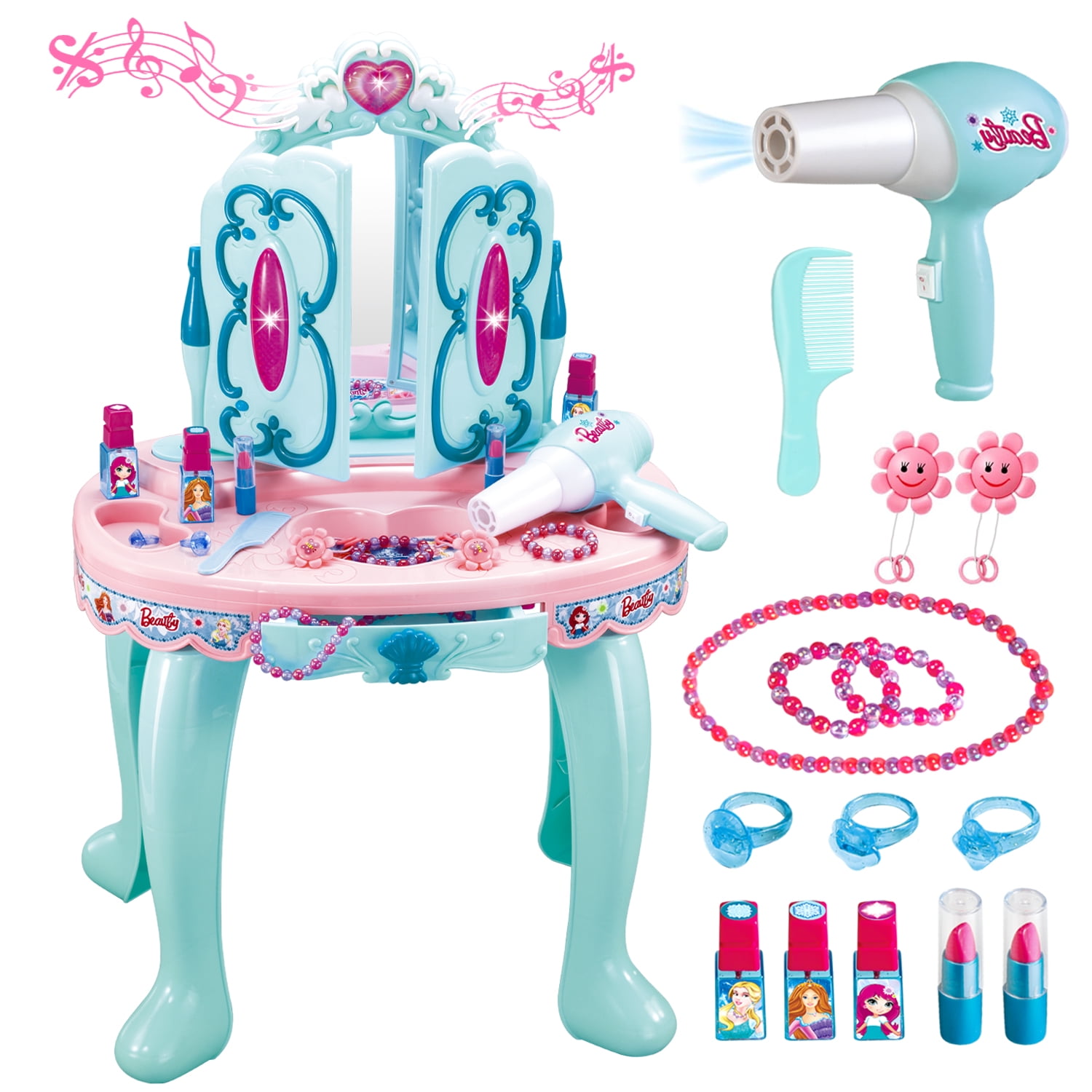Beefunni Kids Vanity Set with Mirror, Pretend Play Girls Makeup Vanity ...