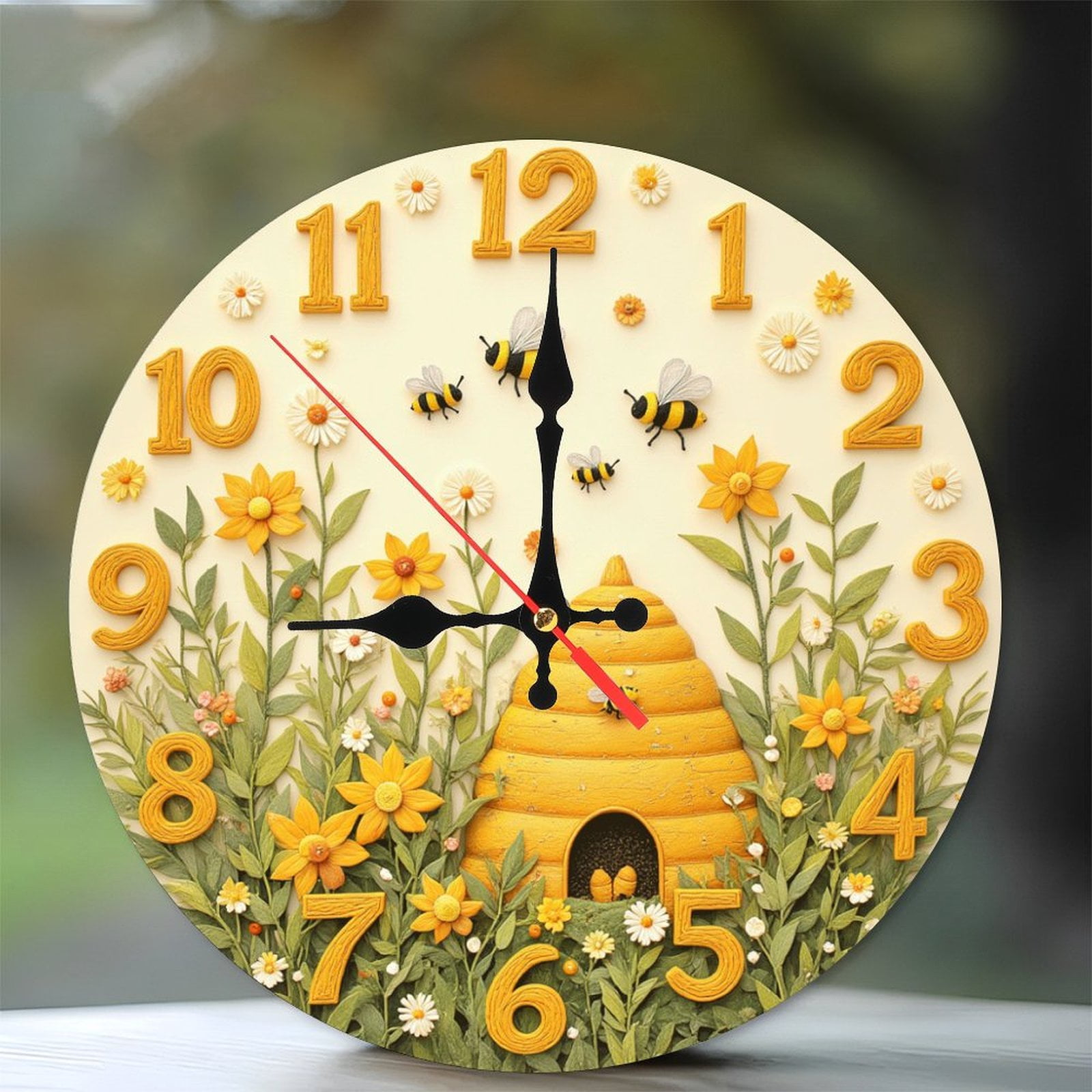 Beehive Clock Wall Decor， Yellow Floral Bees Garden 10-Inch Silent ...