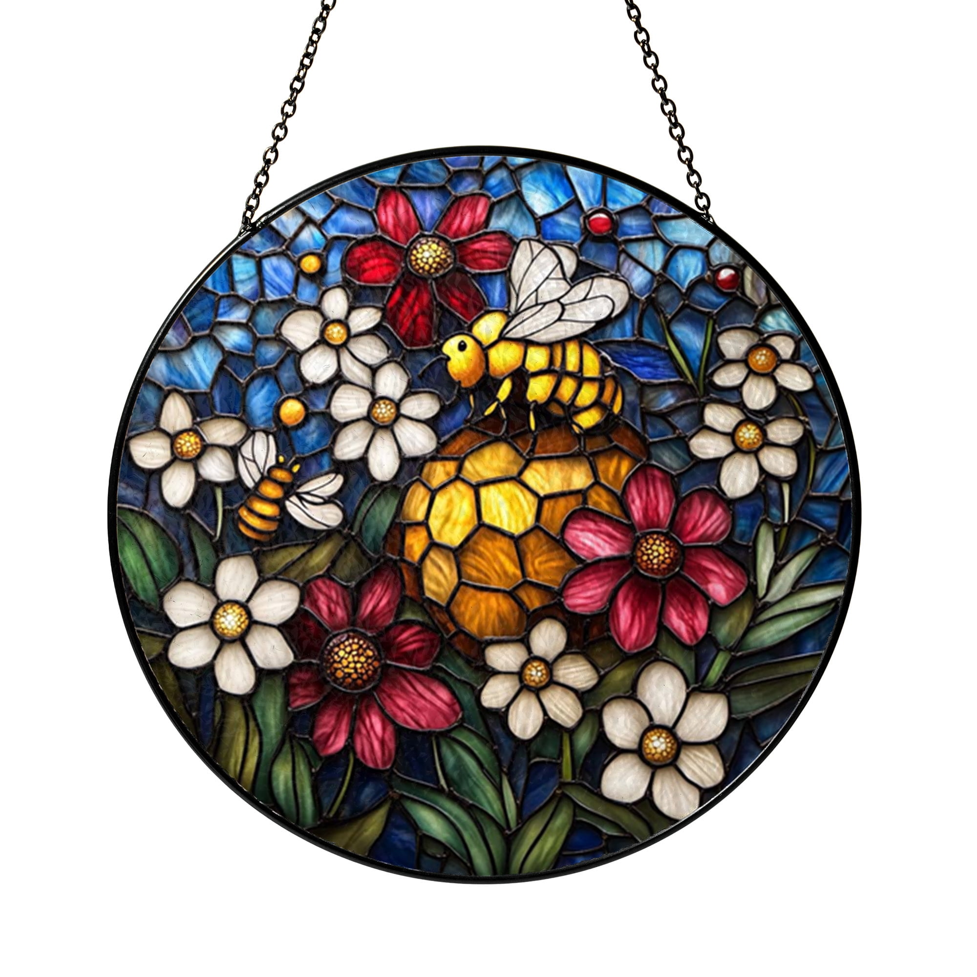 Beehive Glass Suncatcher Window Hanging, Stained Glass Style Blossoms ...