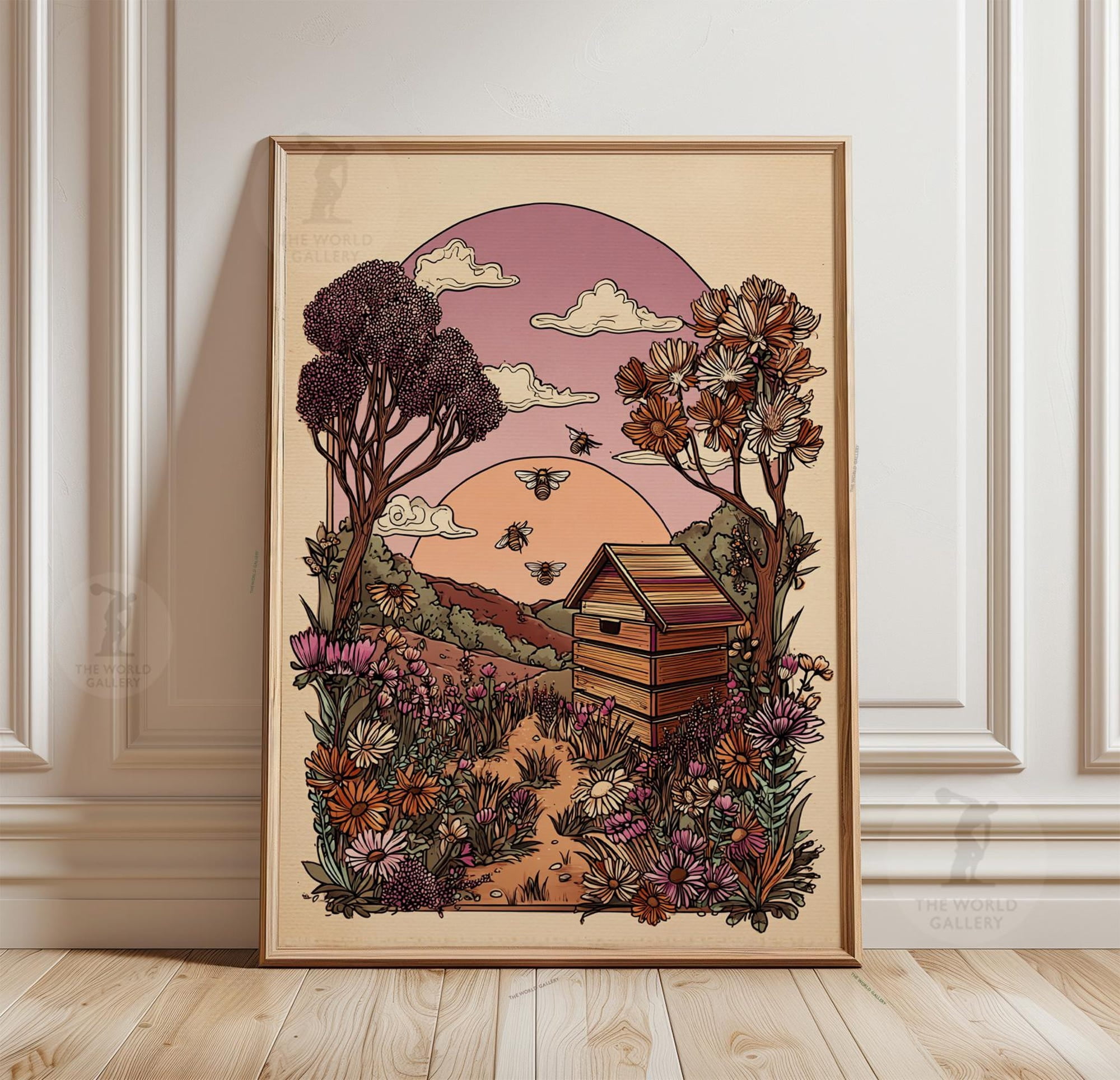 Beehive Landscape Poster Floral Meadow Bee Art Sunset Nature Print ...