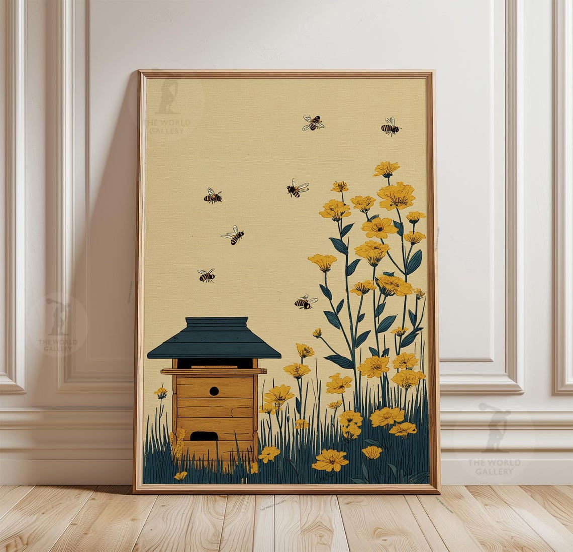 Beehive Poster Bees Yellow Flowers Field Rustic Nature Wall Art Decor ...