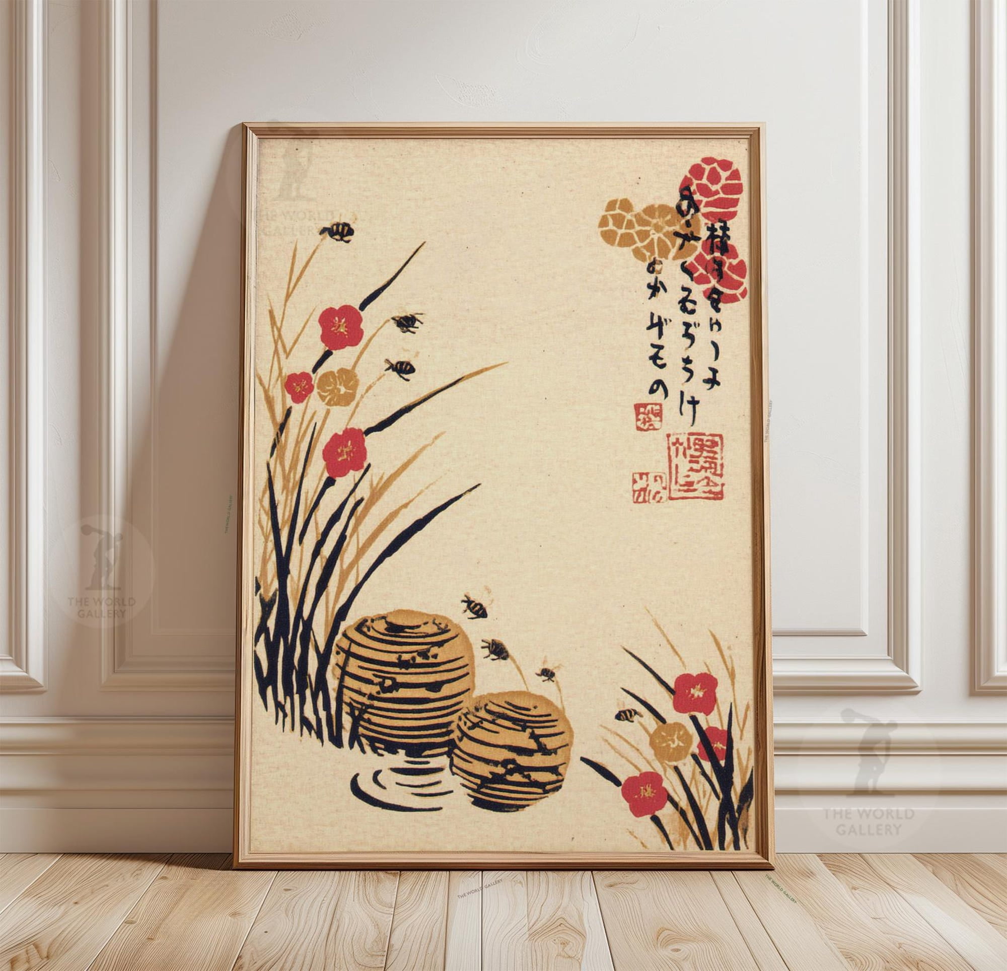 Beehive Poster Japanese Style Bees Floral Minimal Nature Wall Art ...