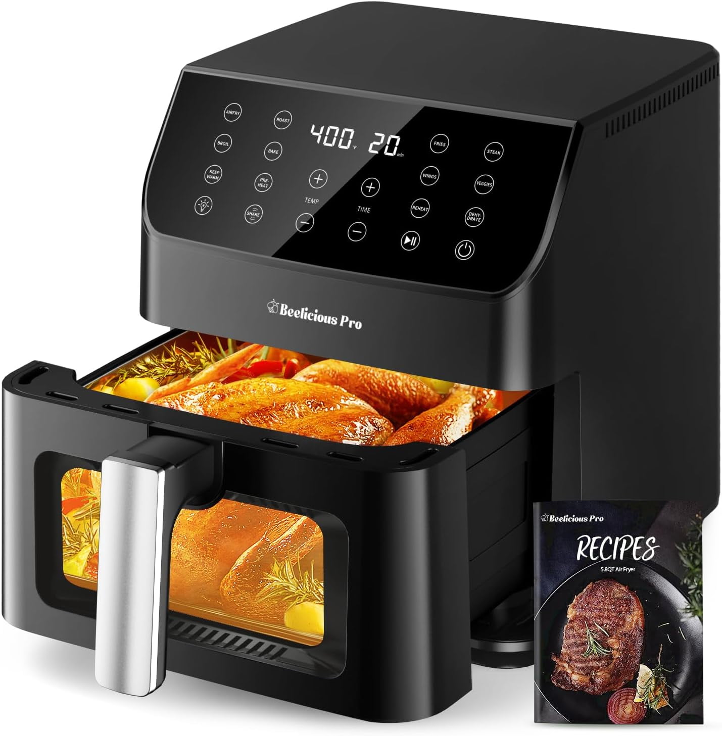 Beelicious 5.8QT Large Air Fryer, 12-in-1 Digital Airfryer with Clear ...