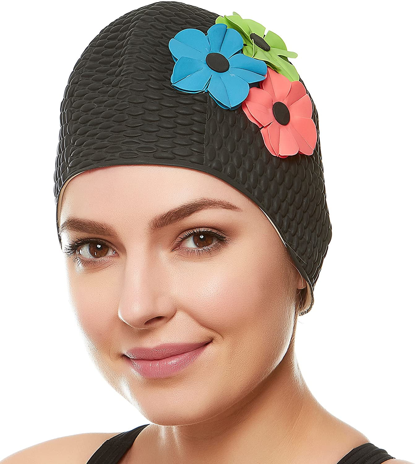 Beemo Swim Bathing Caps For Women Latex Swim Hat - Black With Pin,Green ...