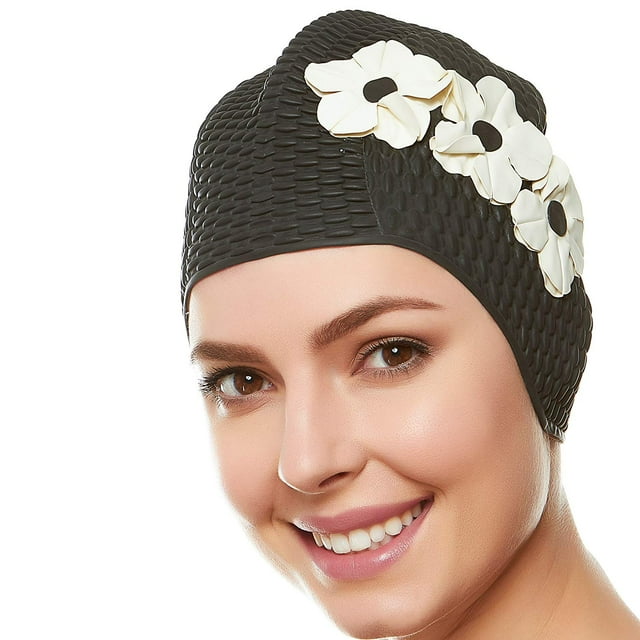 Beemo Retro Floral Soft Latex Bubble Crepe Bathing Swim Cap (Women's ...