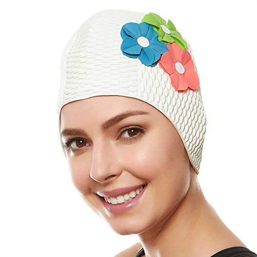 Beemo Swim Bathing Caps for Women & Girls - Retro Style Latex Bubble ...