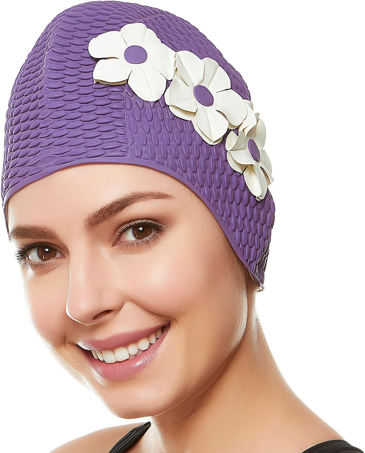 Beemo Swim Bathing Caps for Women Latex Swim Hat - Lavender with White ...