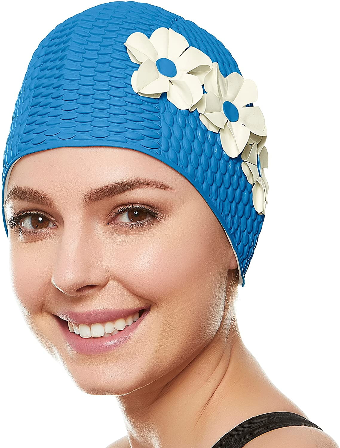 Beemo Swim Bathing Caps for Women Latex Swim Hat - Light Blue with ...