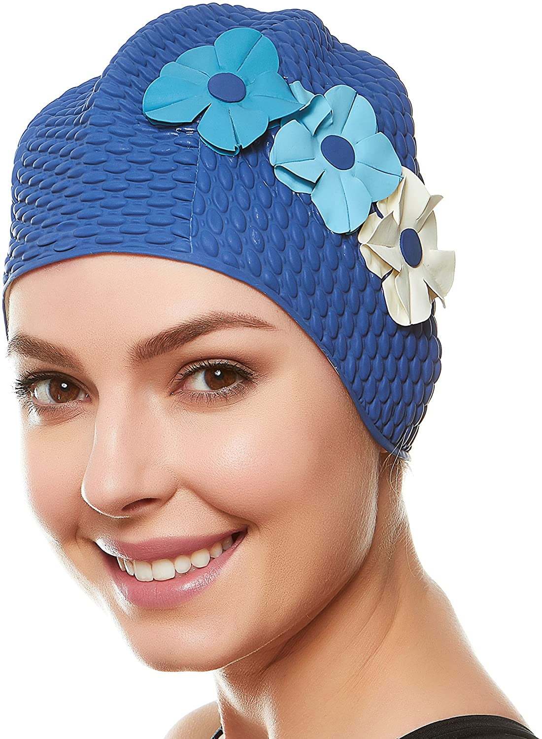 Beemo Swim Bathing Caps for Women Latex Swim Hat - Navy with Light Blue ...