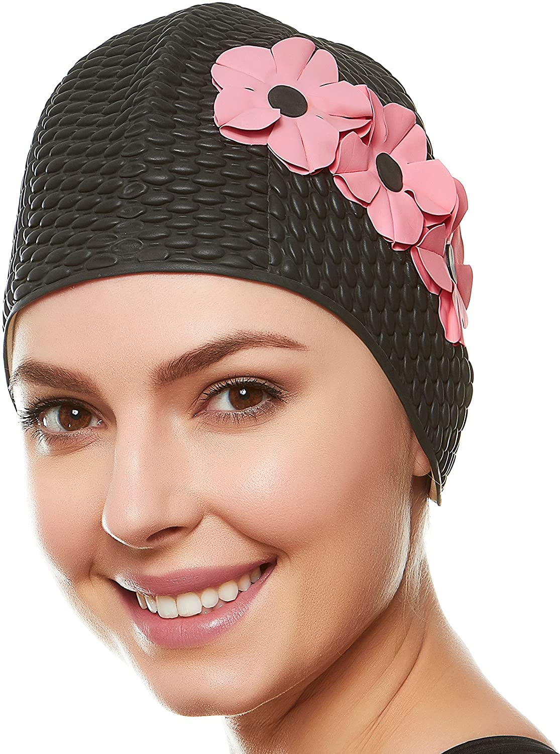 Beemo Swim Bathing Caps for Women Latex Swim Hat Triple Flowers Long ...