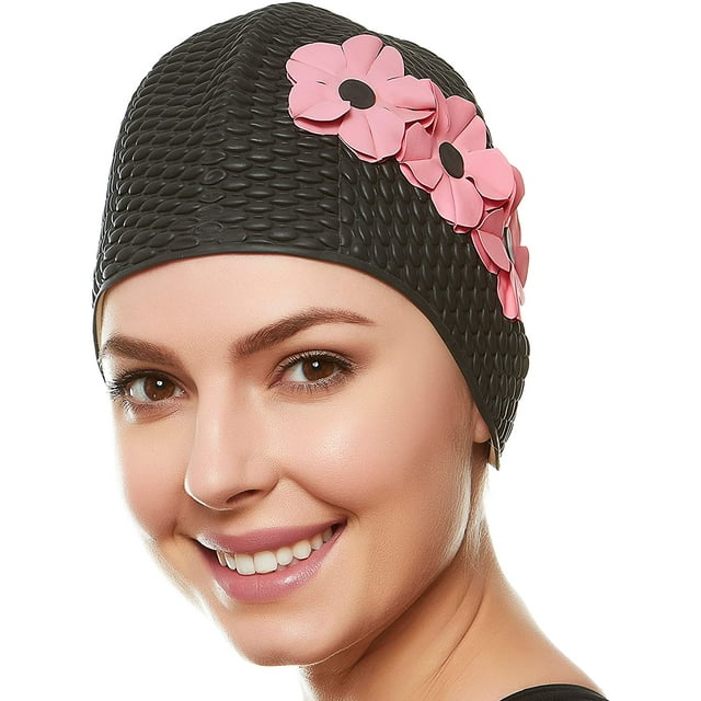 Beemo Swim Bathing Caps for Women Latex Swim Hat Triple Flowers Long ...