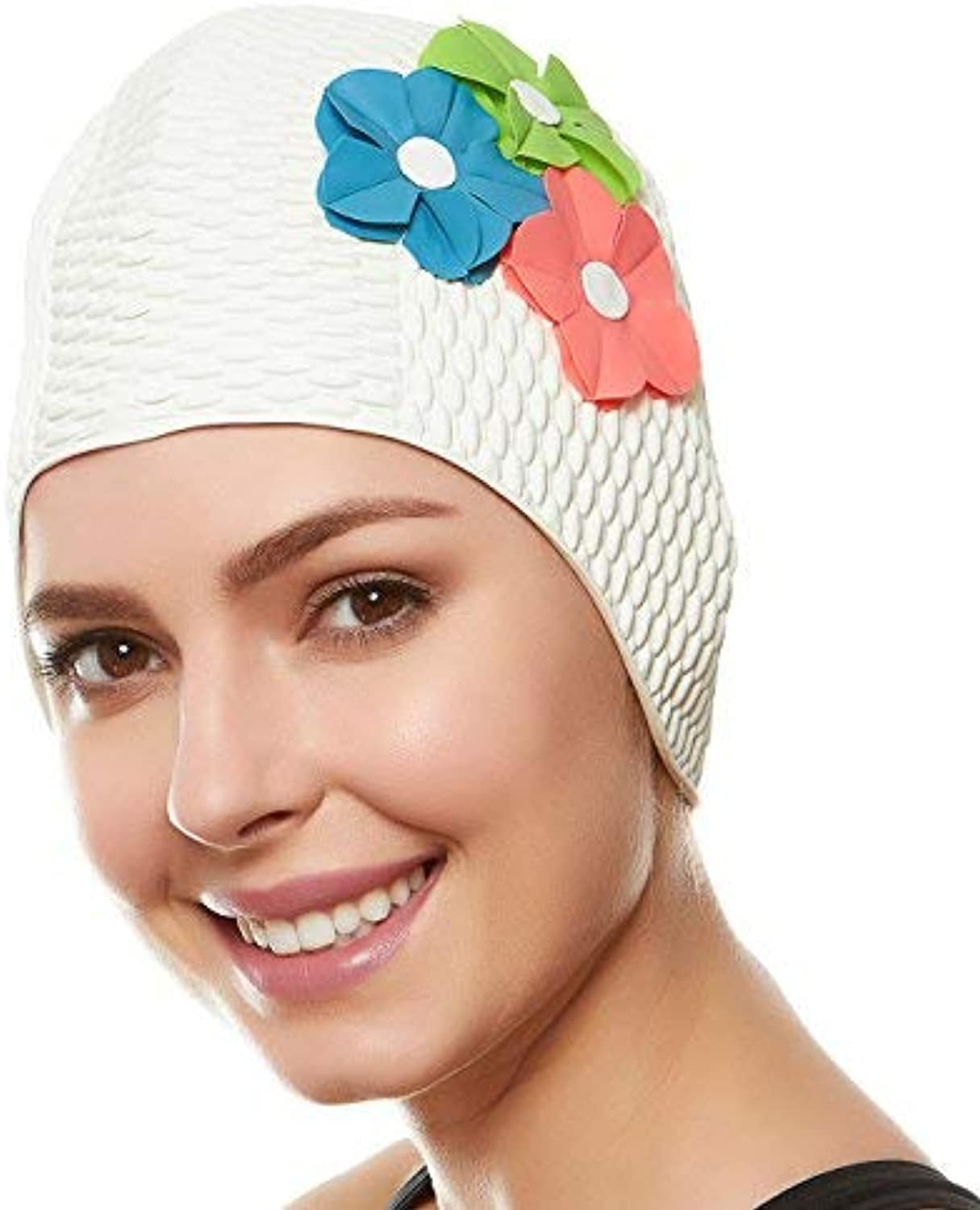 Beemo Swim Bathing Hats for Women Latex Triple Flowers - White with ...