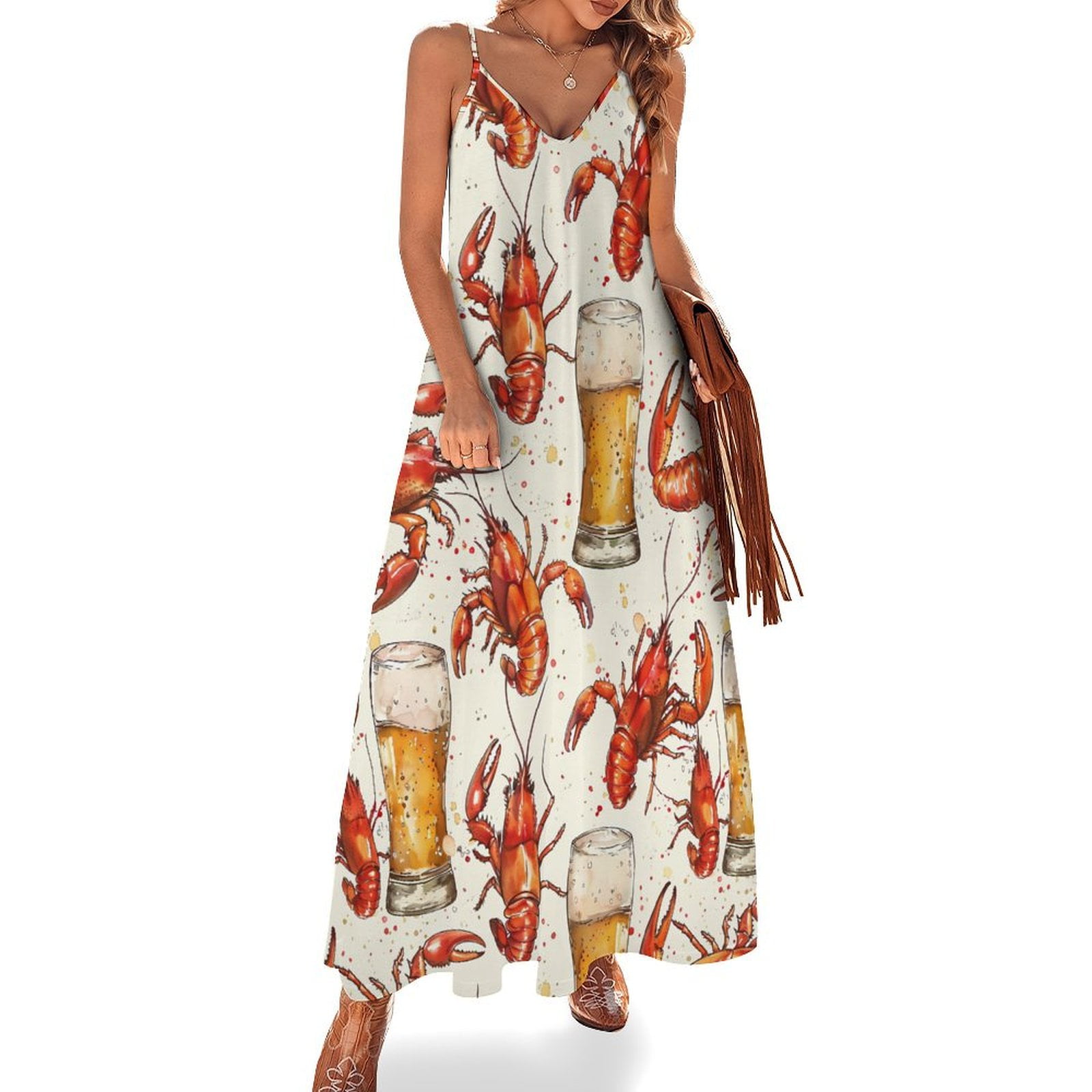 Beer And Crawfish Women's Maxi Dress Spaghetti Strap Bohemian Long Maxi ...