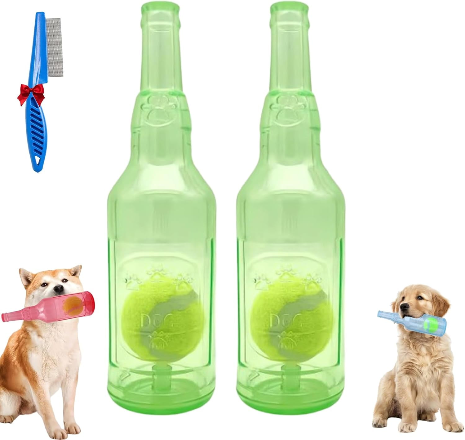 Beer Bottle with Tennis Ball Dog Chew Toy, Funny Squeaky Teeth Grinding ...