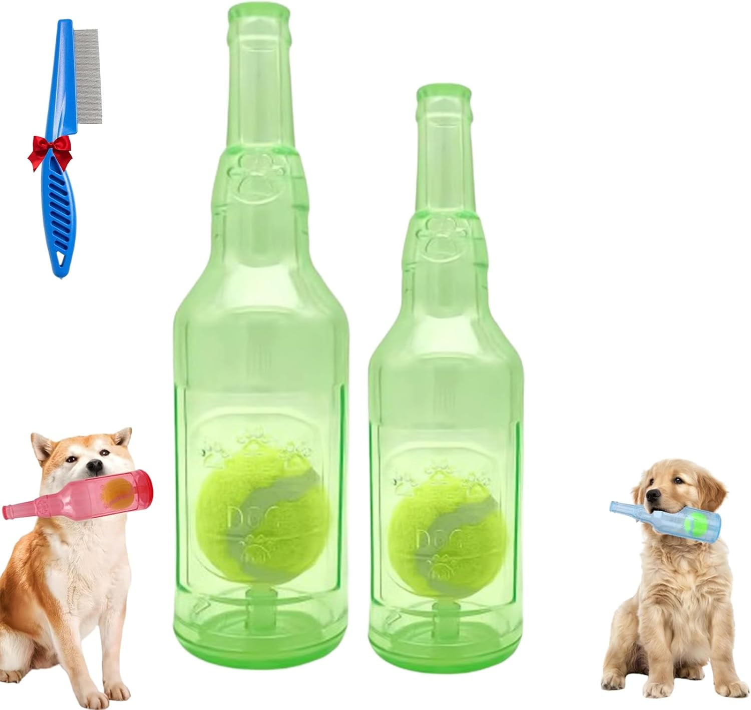 Beer Bottle with Tennis Ball Dog Chew Toy, Funny Squeaky Teeth Grinding Toy, Crunch and Play ...