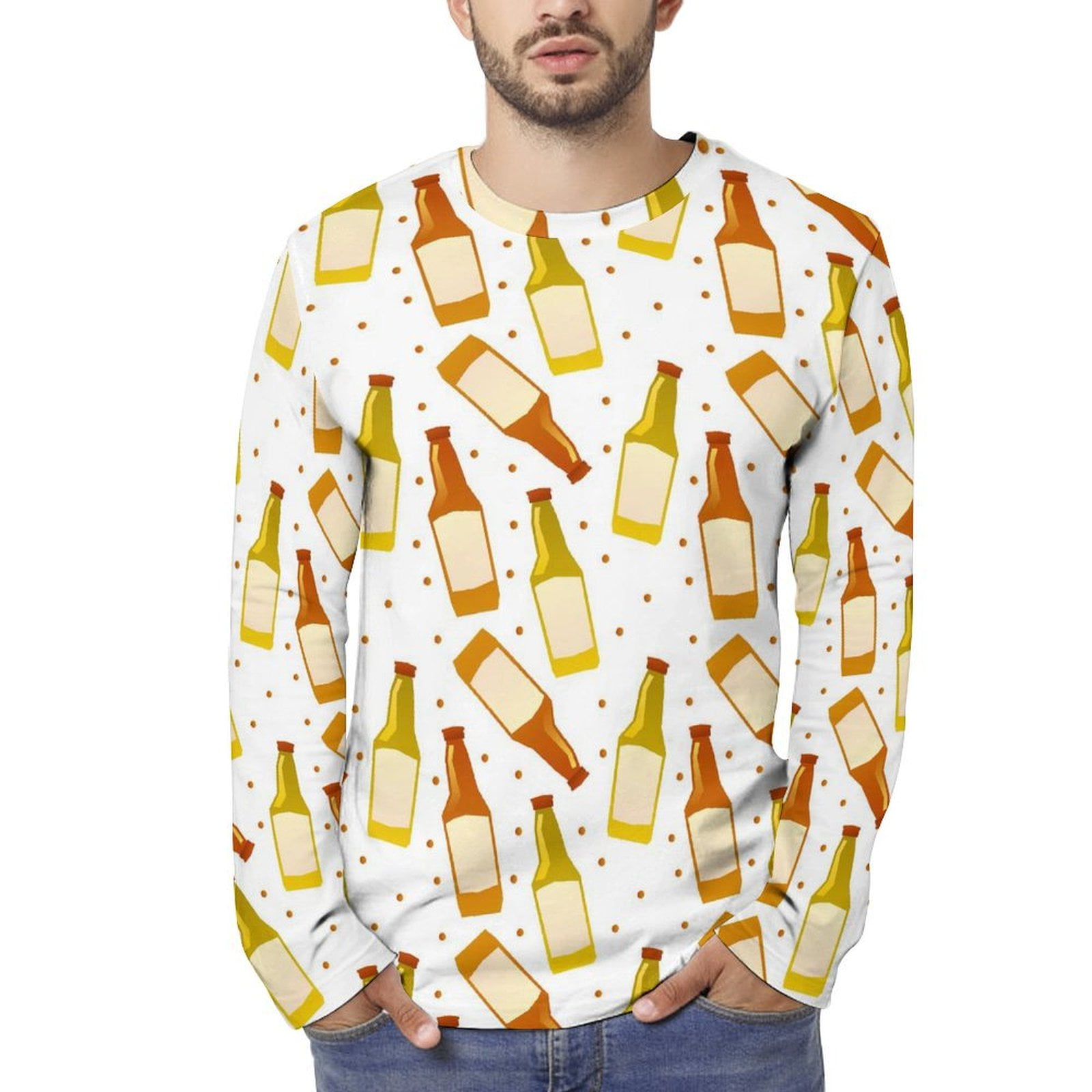 Beer Bottles Long Sleeve T Shirts for Men, Crew Neck Mens Long Sleeve ...