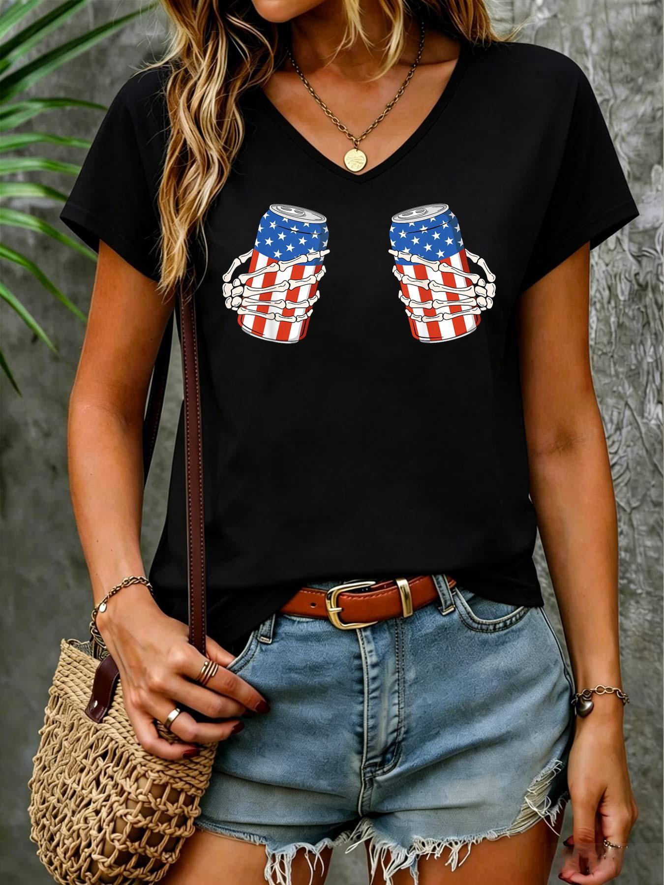 Beer Can Skeleton Hand Funny 4th of July American Patriotic V Neck T ...